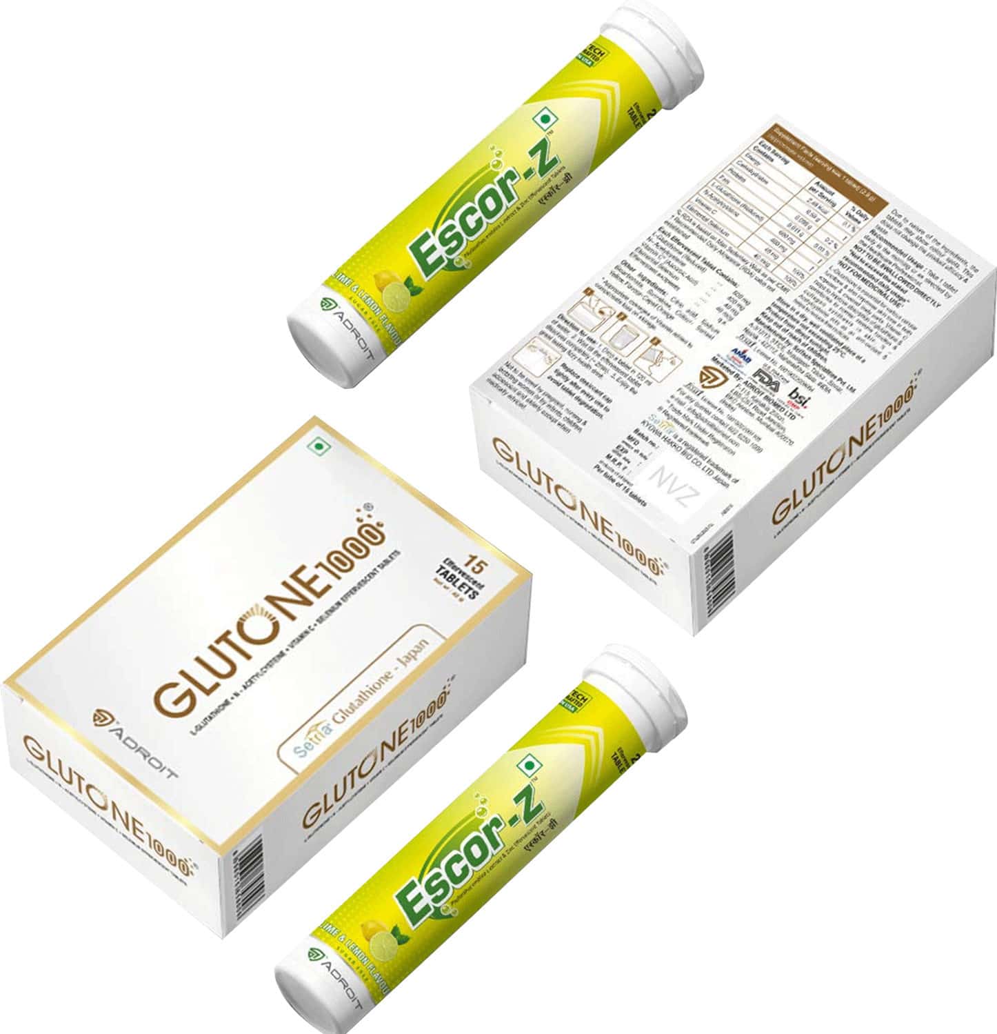 Buy GLUTONE 1000 & ESCOR-Z COMBO PACK|15 (2) + 20 (2) TABLETS (LIME ...