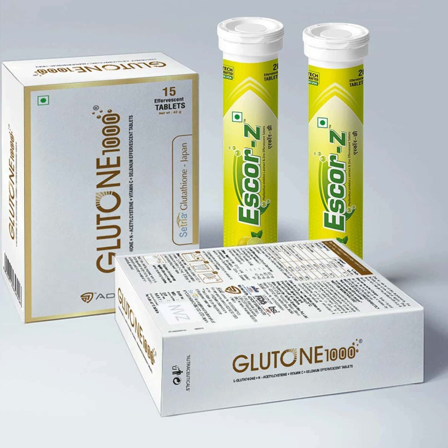 Buy GLUTONE 1000 & ESCOR-Z COMBO PACK|15 (2) + 20 (2) TABLETS (LIME ...