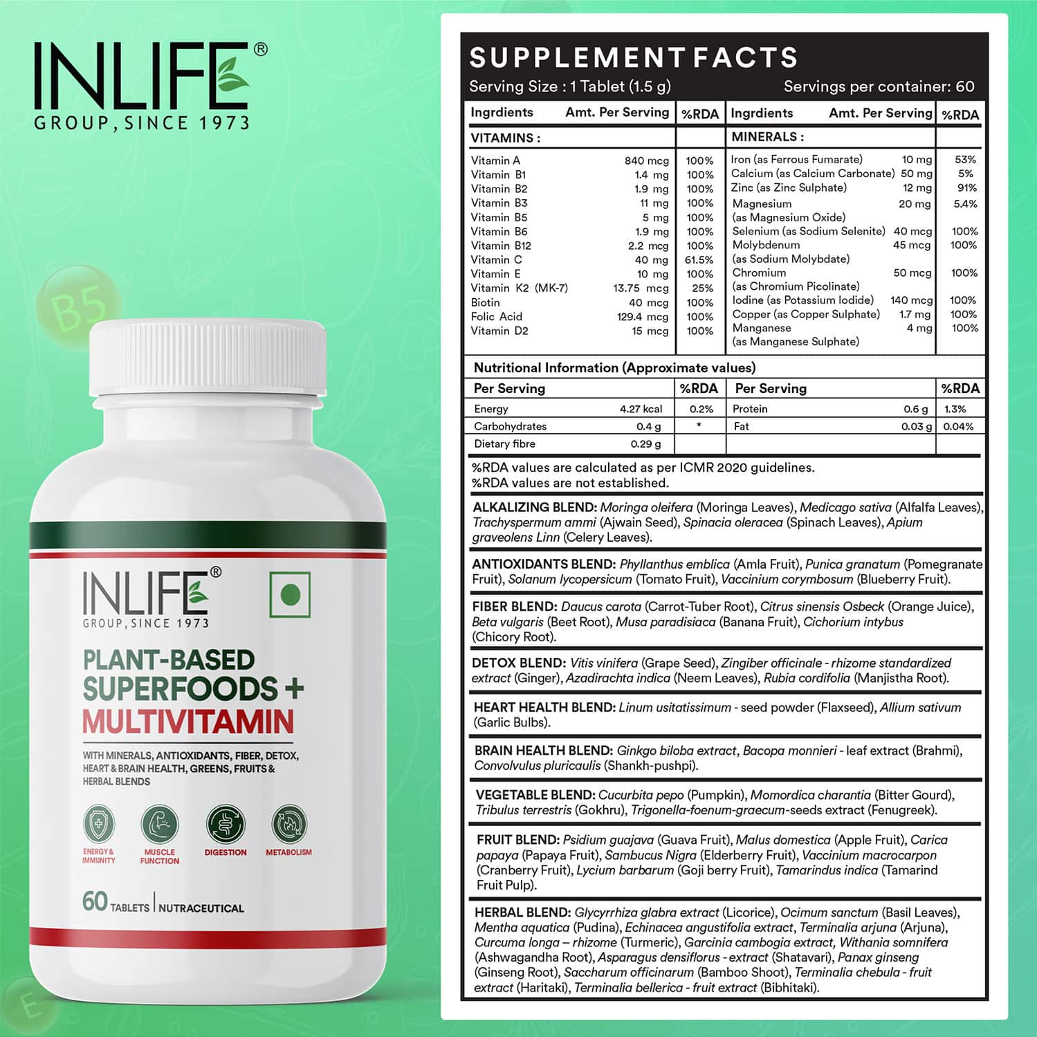 Buy INLIFE PLANT BASED MULTIVITAMIN TABLETS FOR MEN & WOMEN | 75 ...