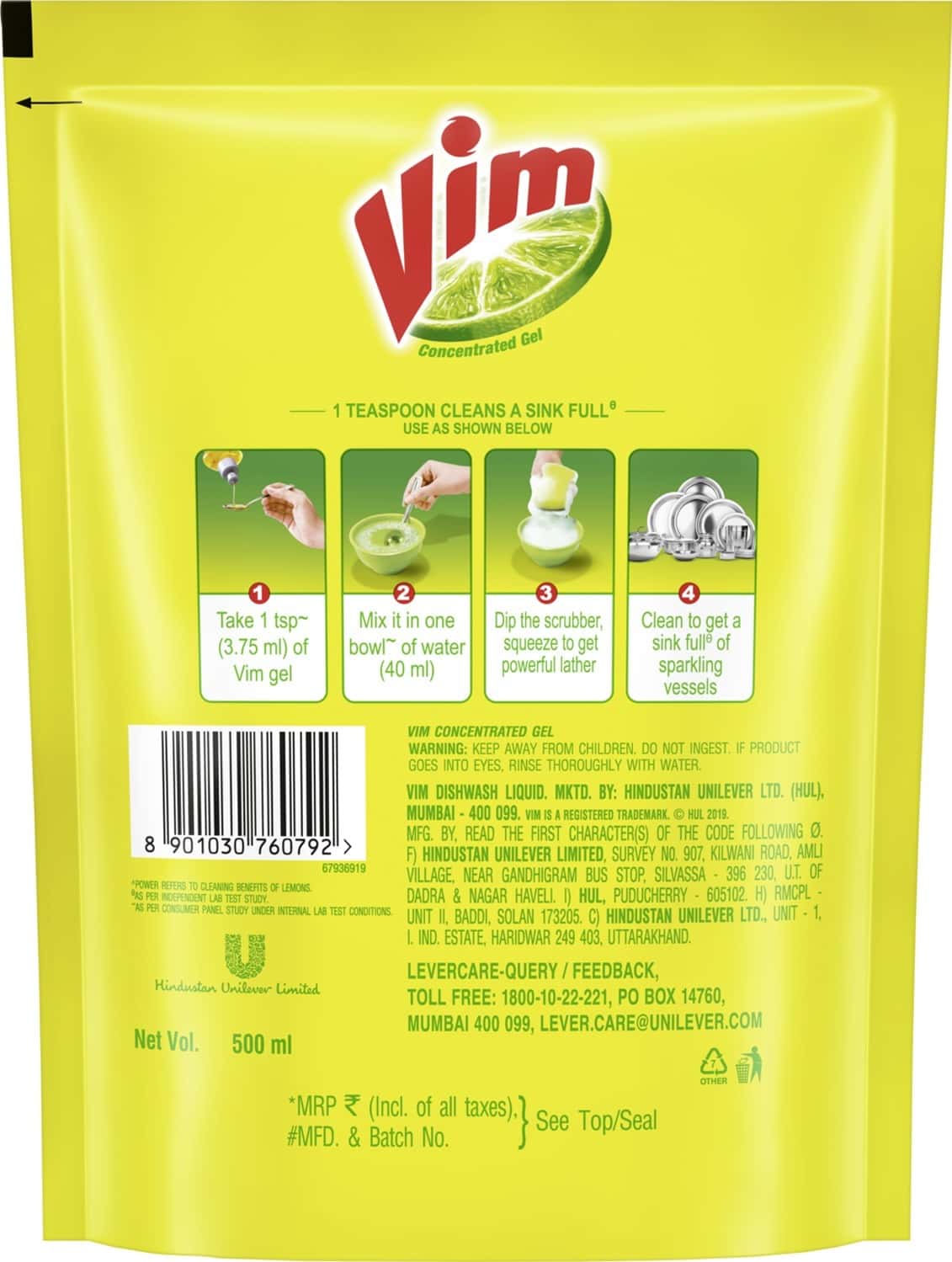 Buy VIM DISHWASH LIQUID GEL LEMON - 500ML REFILL POUCH Online & Get Upto 60% OFF at PharmEasy