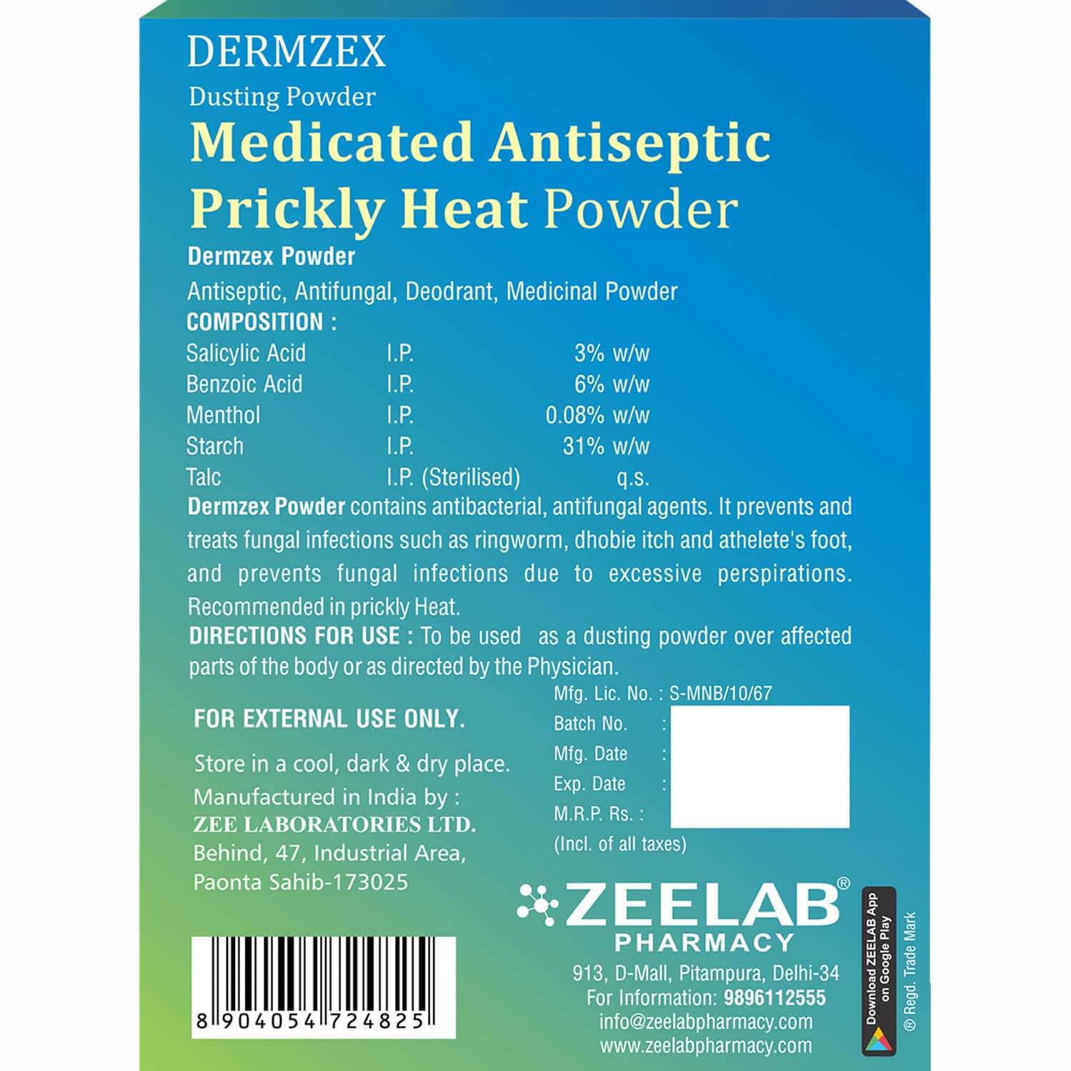 Buy DERMZEX DUSTING POWDER 100GM Online & Get Upto 60% OFF at PharmEasy