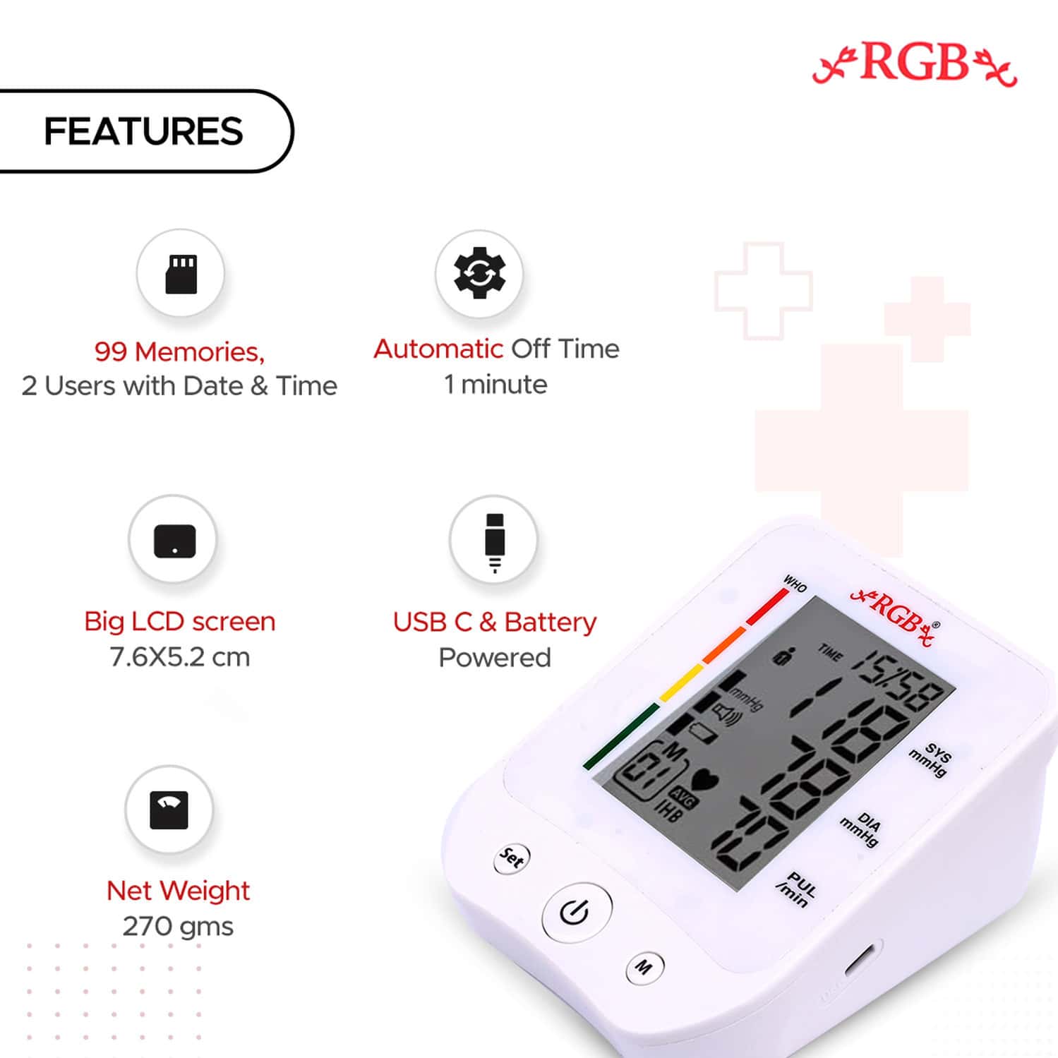 Buy RGB DIGITAL BLOOD PRESSURE MONITOR MACHINE WITH C TYPE USB PORT ...