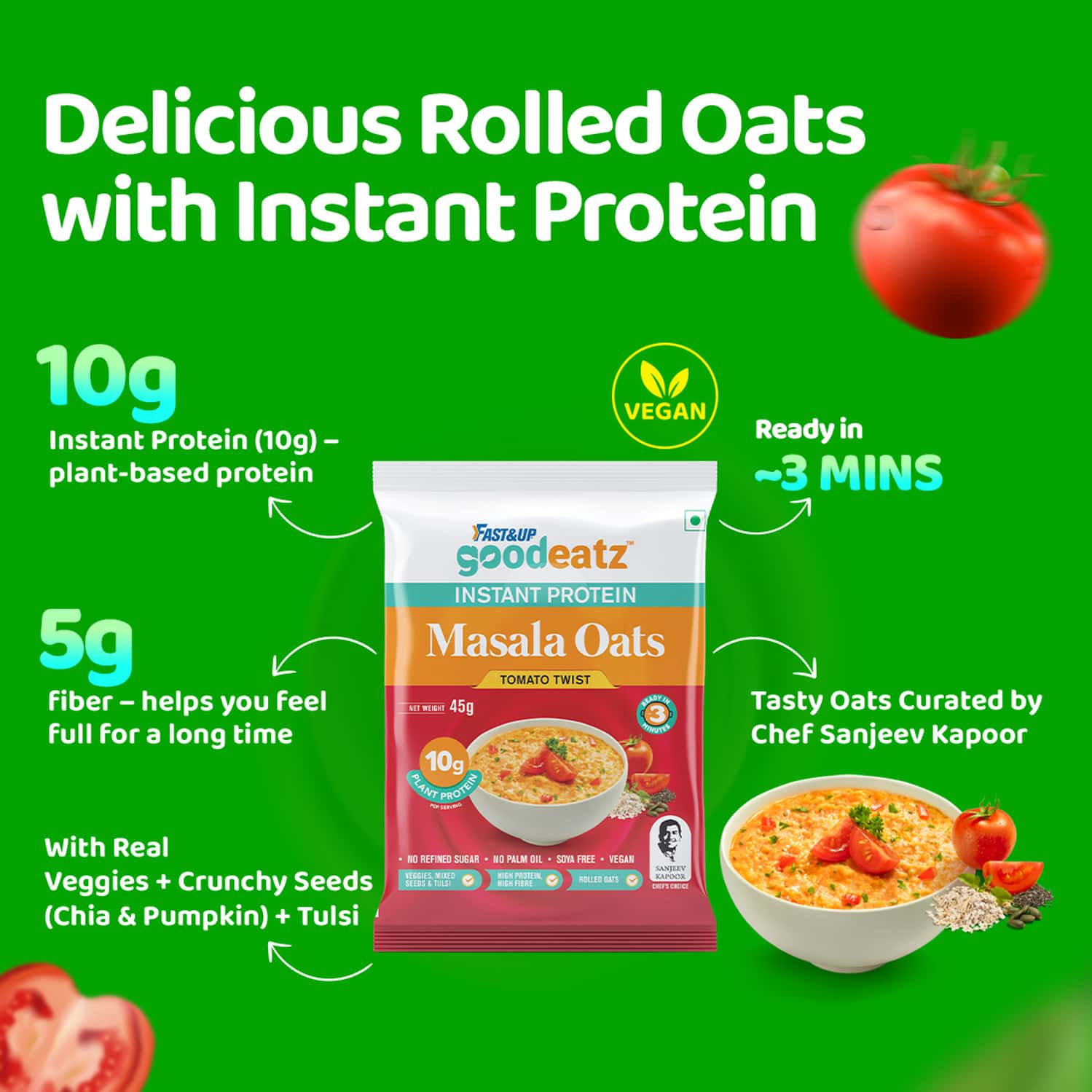 Buy FAST&UP GOODEATZ INSTANT PROTEIN MASALA OATS TOMATO TWIST PACK OF 6 ...