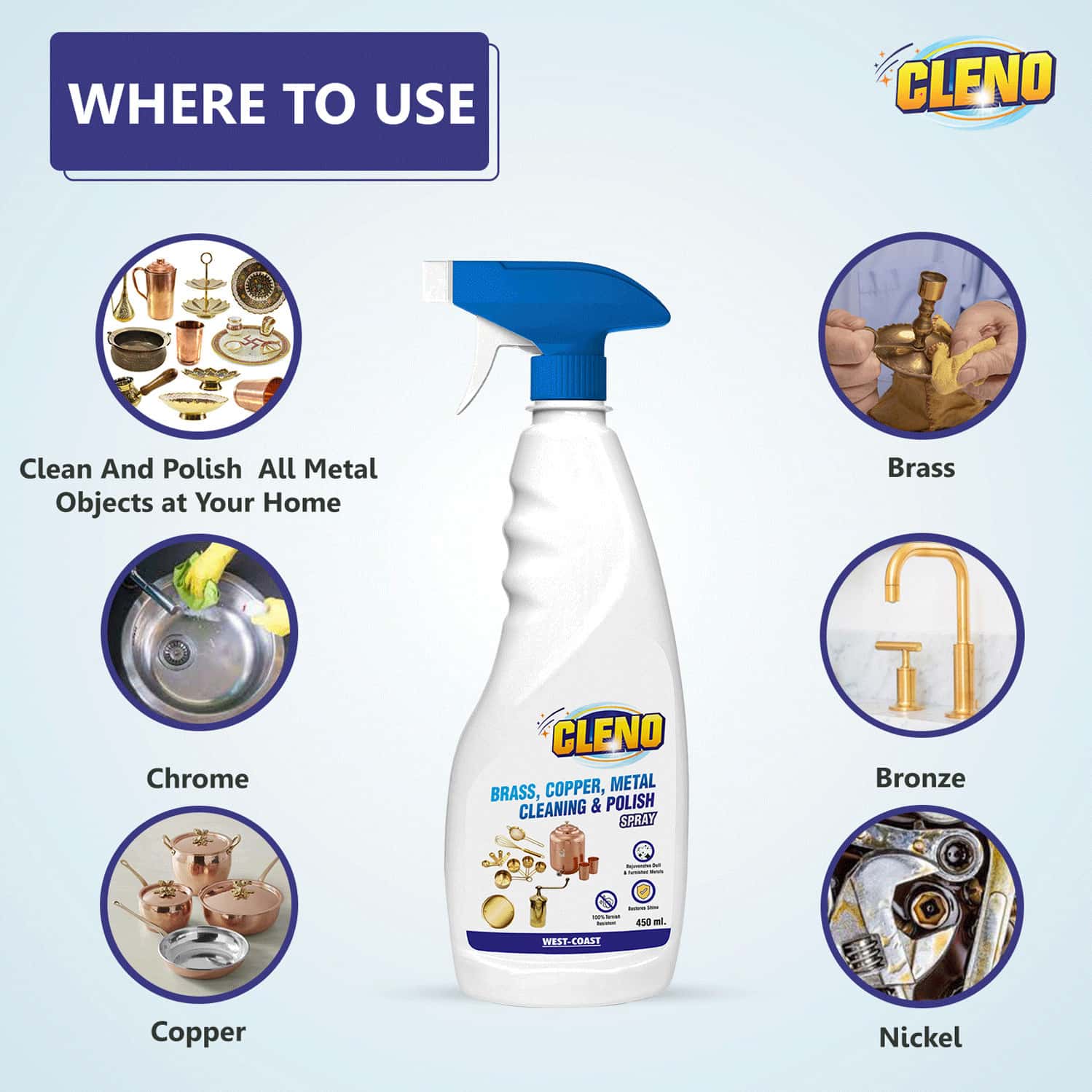 Buy CLENO HEAVY DUTY BRASS COPPER METAL CLEANING & POLISH SPRAY - 450ML ...