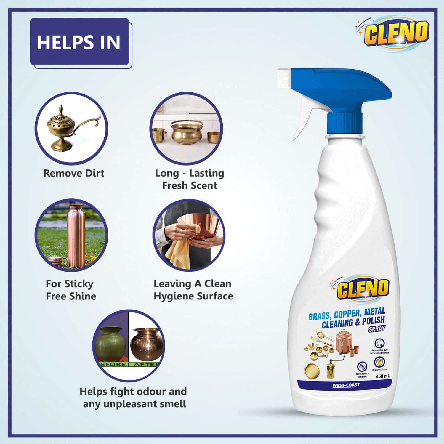 Buy CLENO HEAVY DUTY BRASS COPPER METAL CLEANING & POLISH SPRAY - 450ML ...