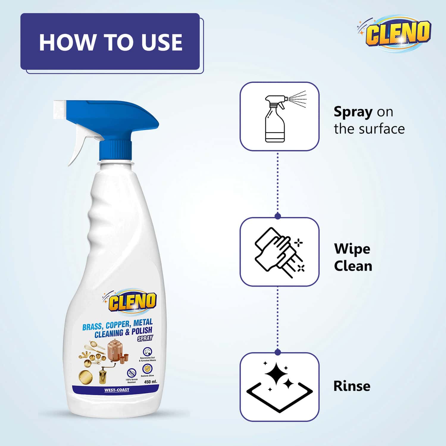Buy CLENO HEAVY DUTY BRASS COPPER METAL CLEANING & POLISH SPRAY - 450ML ...