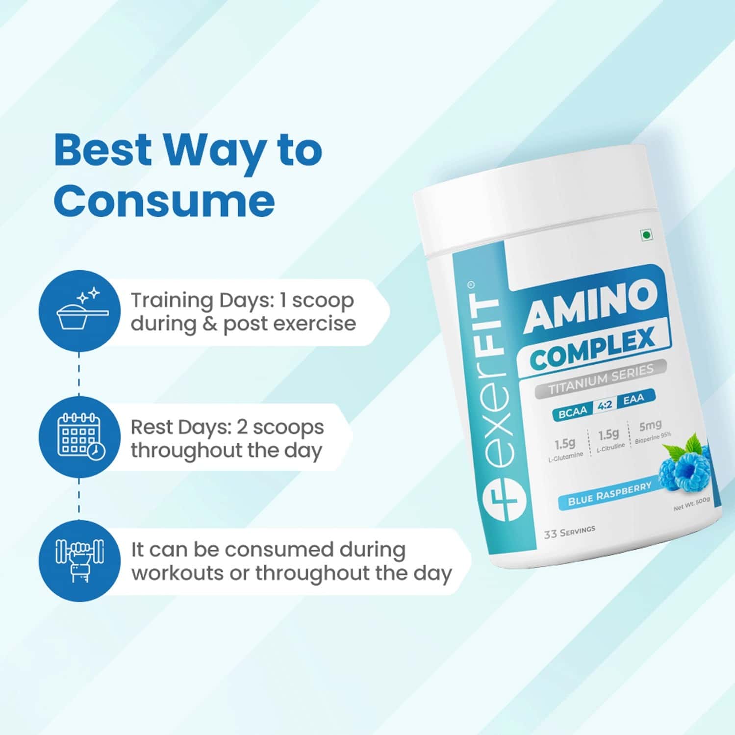 Buy EXERFIT AMINOS COMPLEX BLEND OF BCAA AND EAA (BLUE RASPBERRY)-500G ...