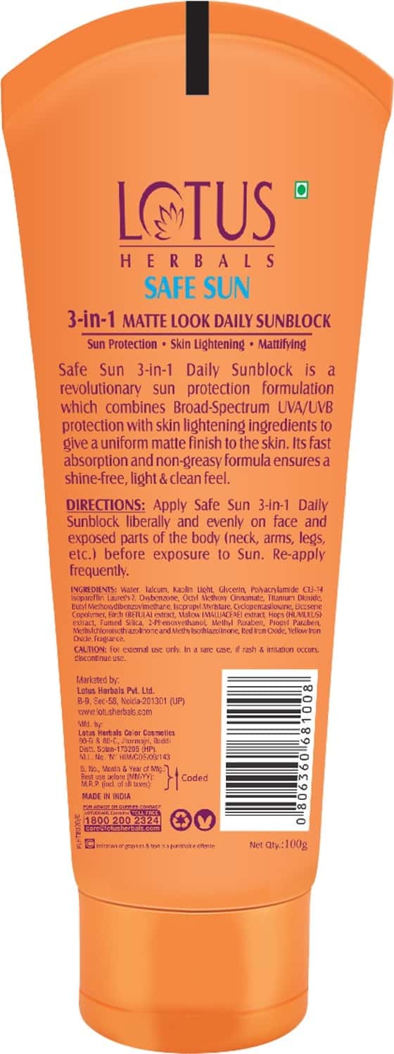 Buy LOTUS HERBALS SAFE SUN 3 IN 1 MATTE-LOOK DAILY SUNBLOCK PA+++ SPF ...