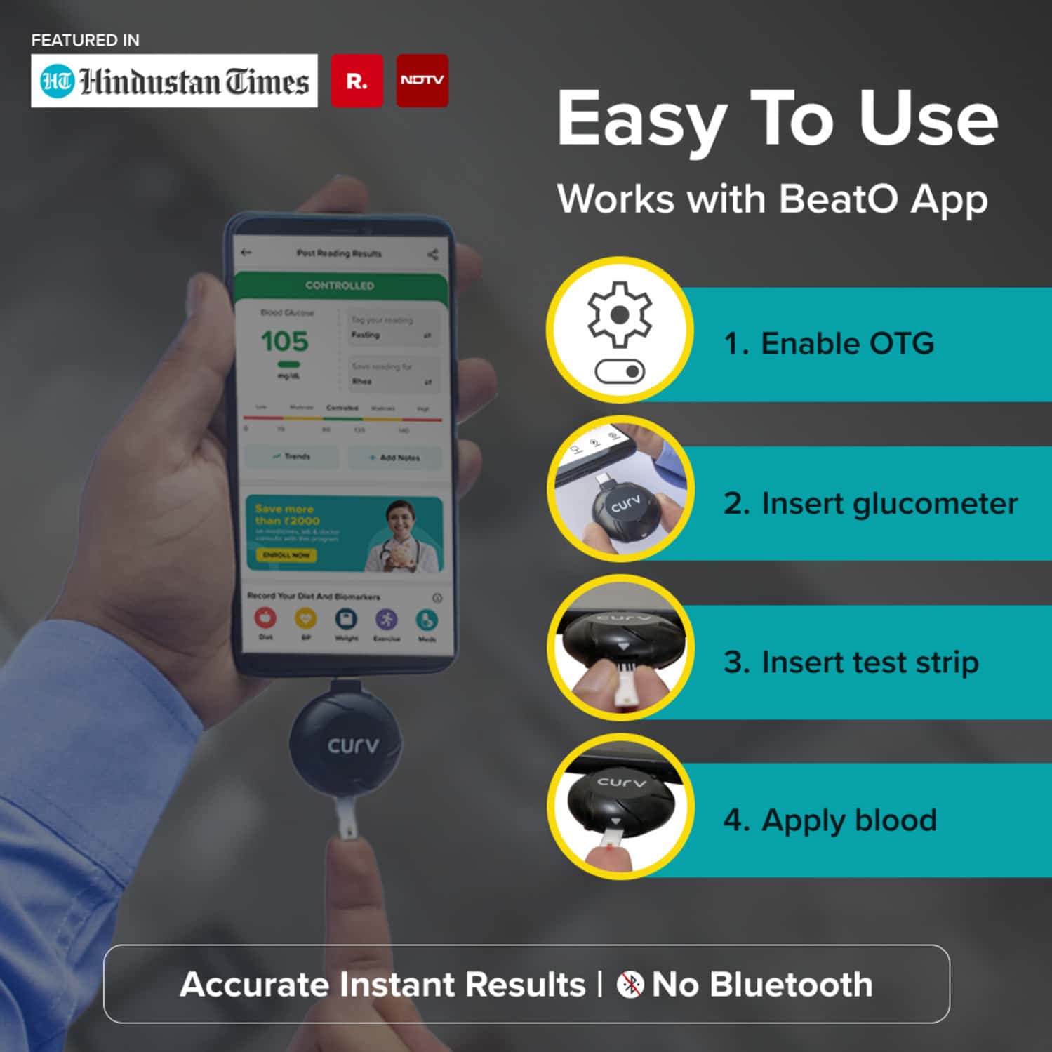 Buy BEATO CURV SMARTPHONE CONNECTED GLUCOMETER | SUGAR TESTING MACHINE ...