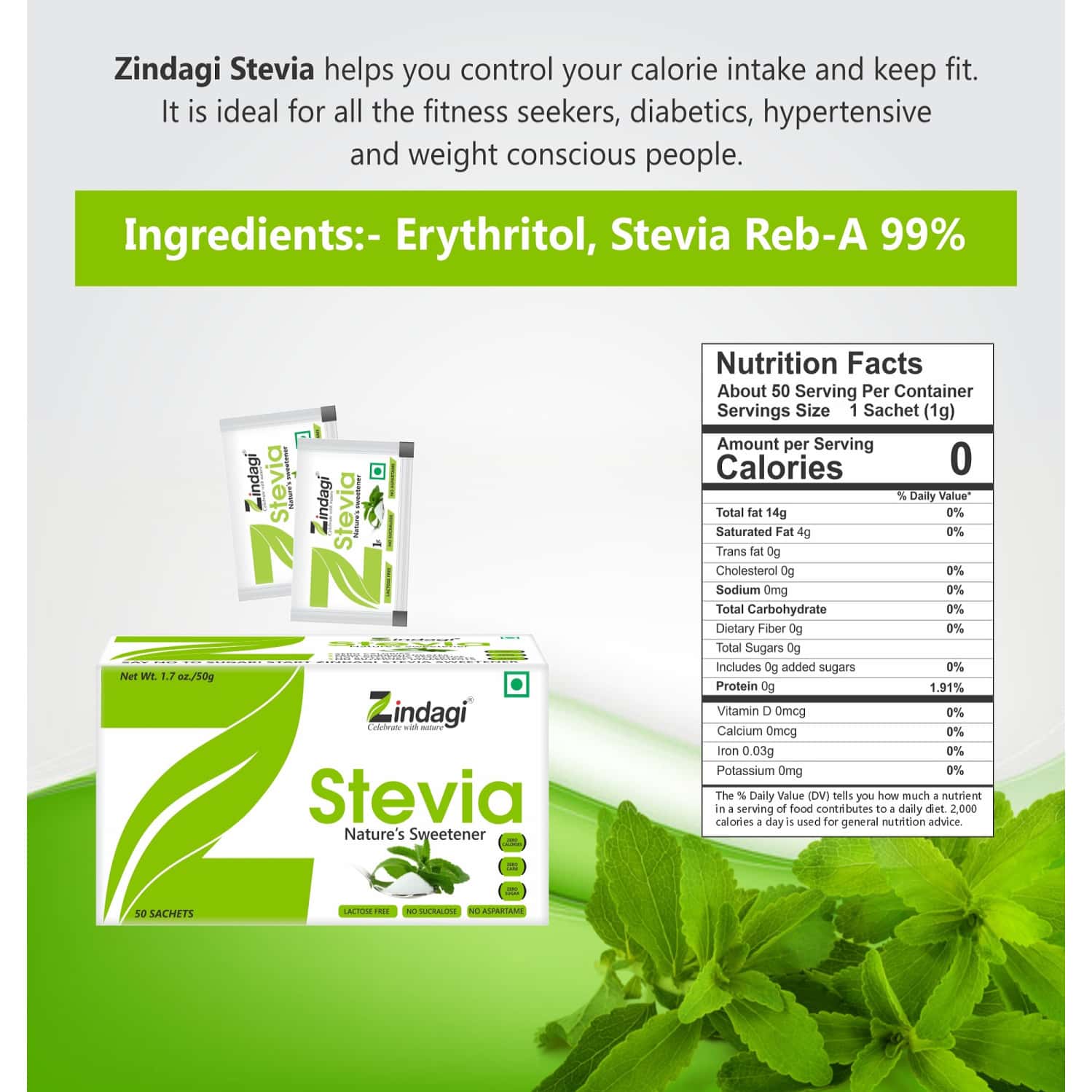 Buy ZINDAGI STEVIA POWDER SACHETS| ZERO CALORIE SWEETENER|100% NATURAL ...