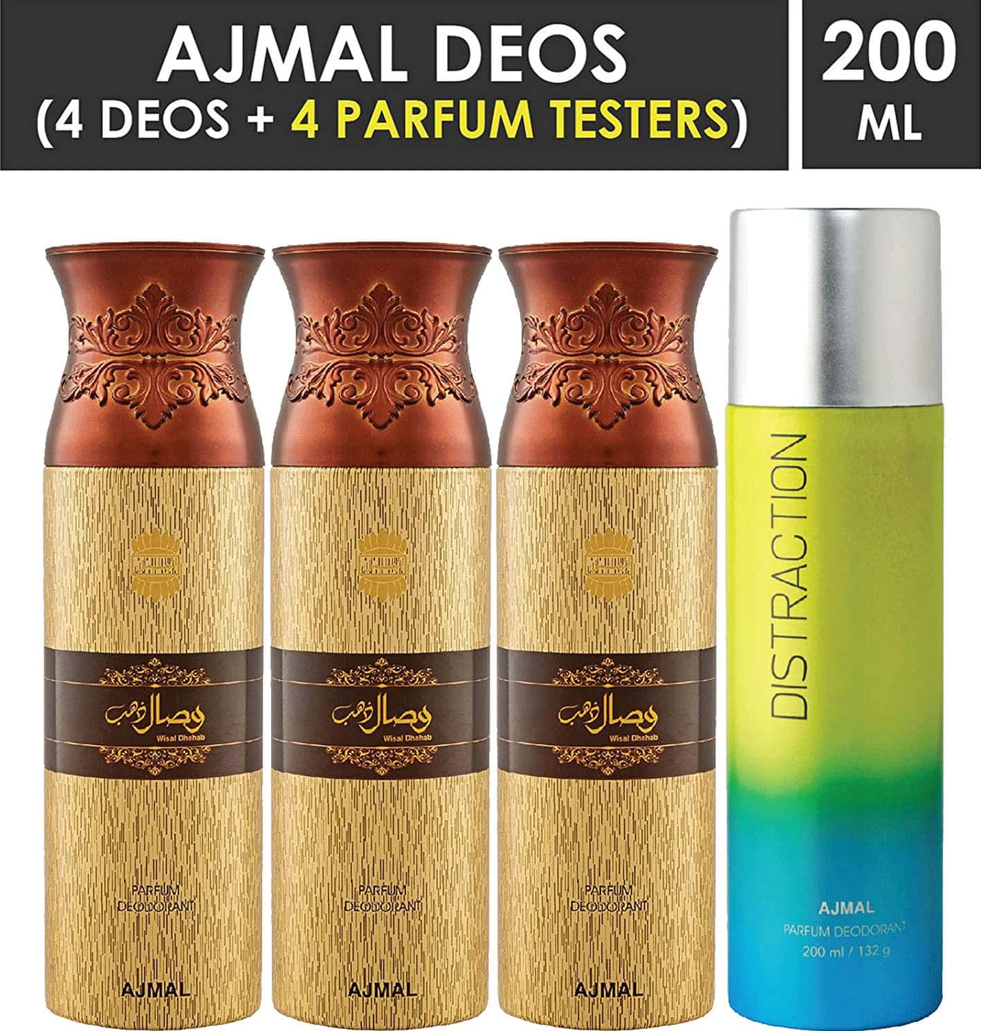 Buy AJMAL 3 WISAL DHAHAB FOR MEN AND 1 DISTRACTION FOR MEN & WOMEN DEODORANTS EACH 200ML COMBO ...