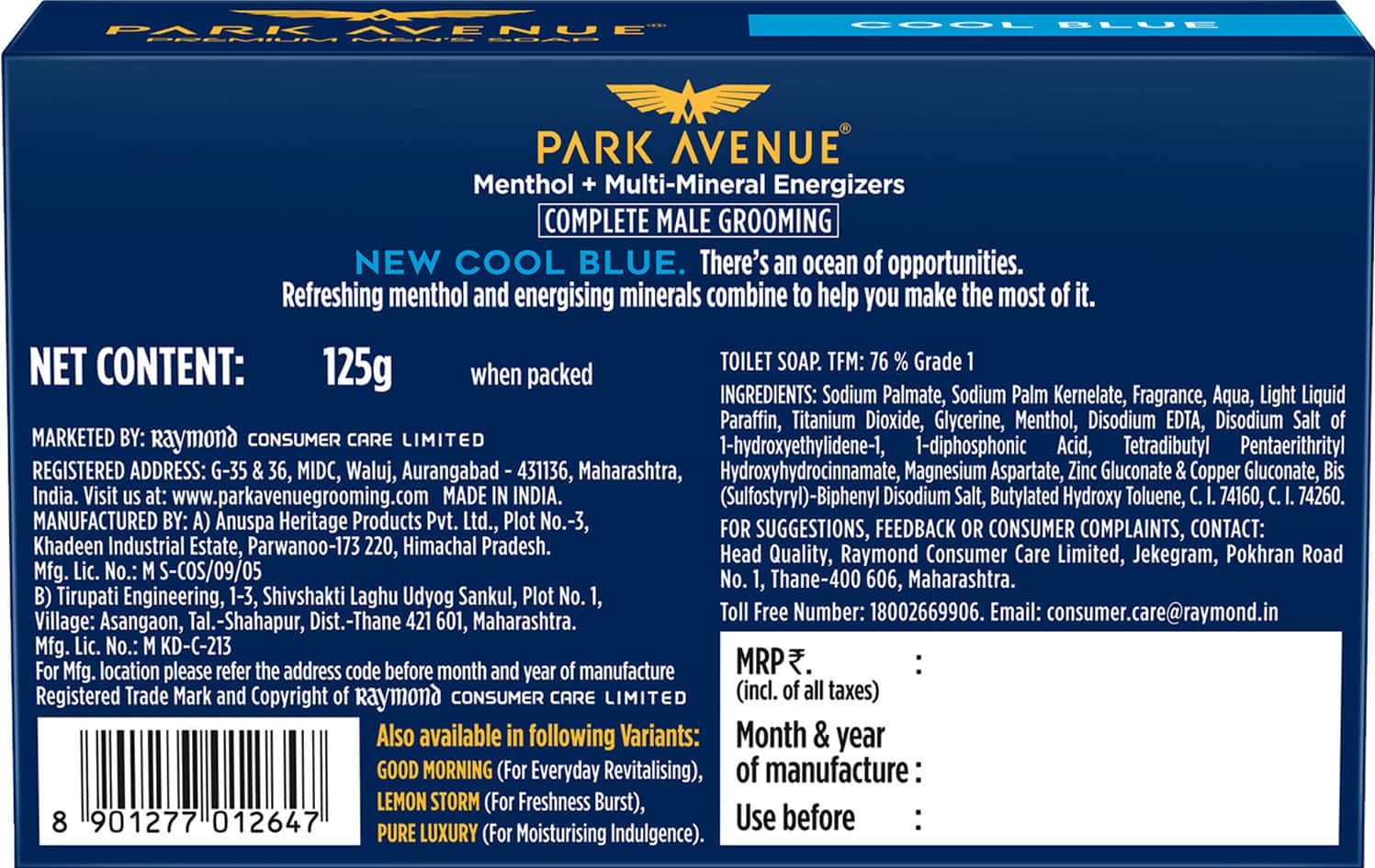 Buy PARK AVENUE COOL BLUE SOAP WITH NATURAL INGREDIENTS MENTHOL & MULTI ...