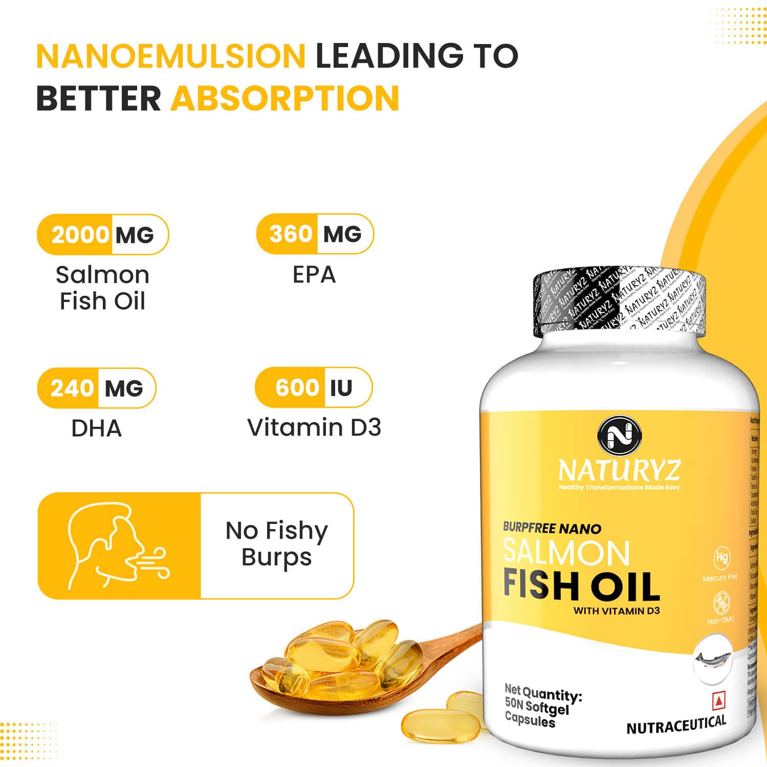 Buy NATURYZ BURPFREE SALMON FISH OIL 2000 MG WITH VITAMIN D3 FOR SKIN ...