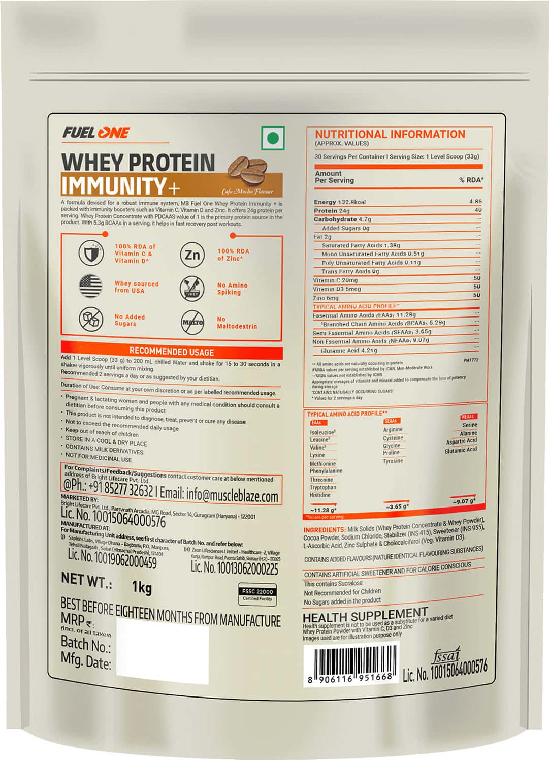 Buy MUSCLEBLAZE FUEL ONE WHEY PROTEIN, 24 G PROTEIN & 5.29 G BCAA (CAFE ...