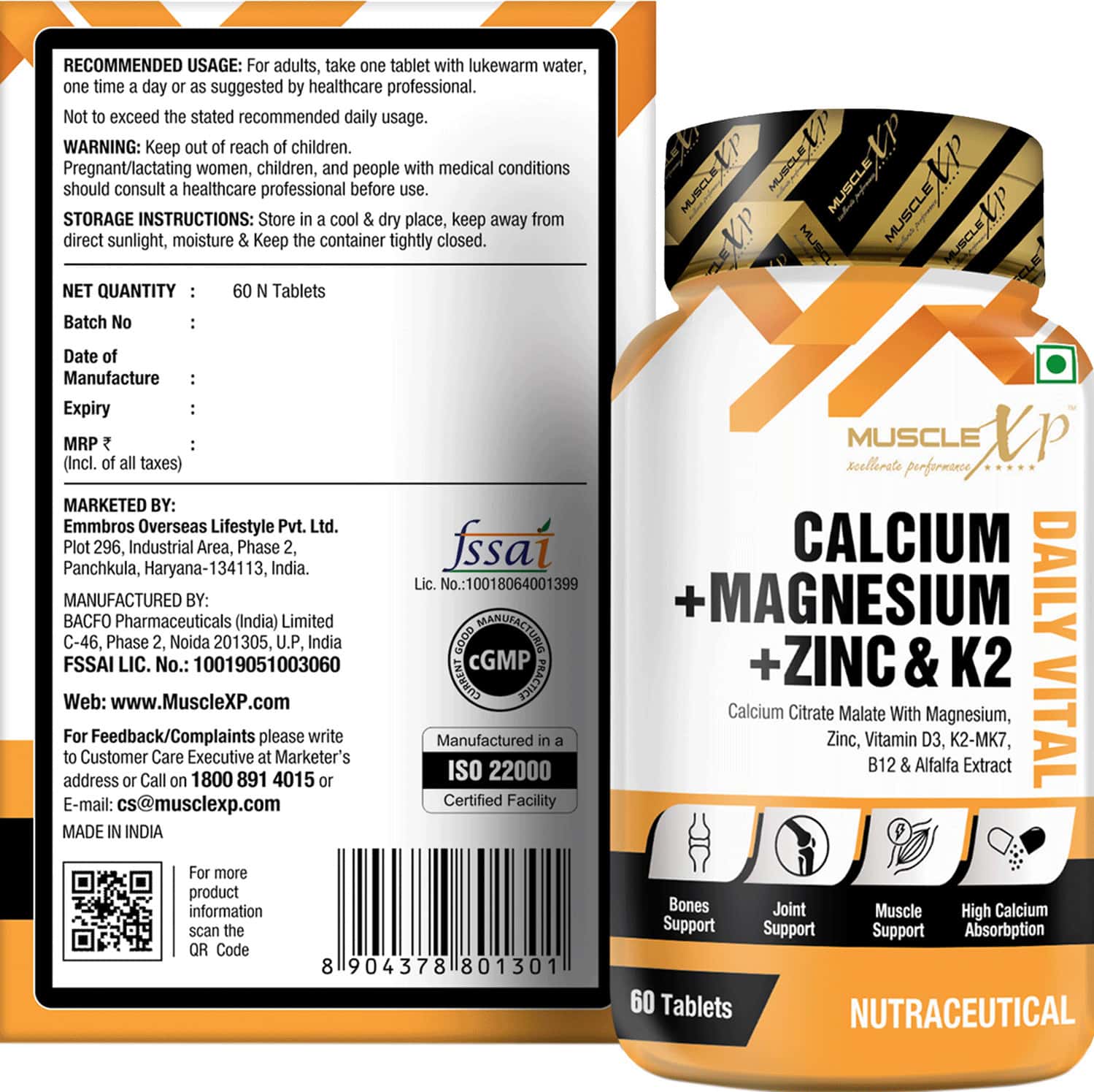 Buy MUSCLEXP CALCIUM + MAGNESIUM + ZINC & K2-MK7 DAILY VITAL 60 TABLETS ...