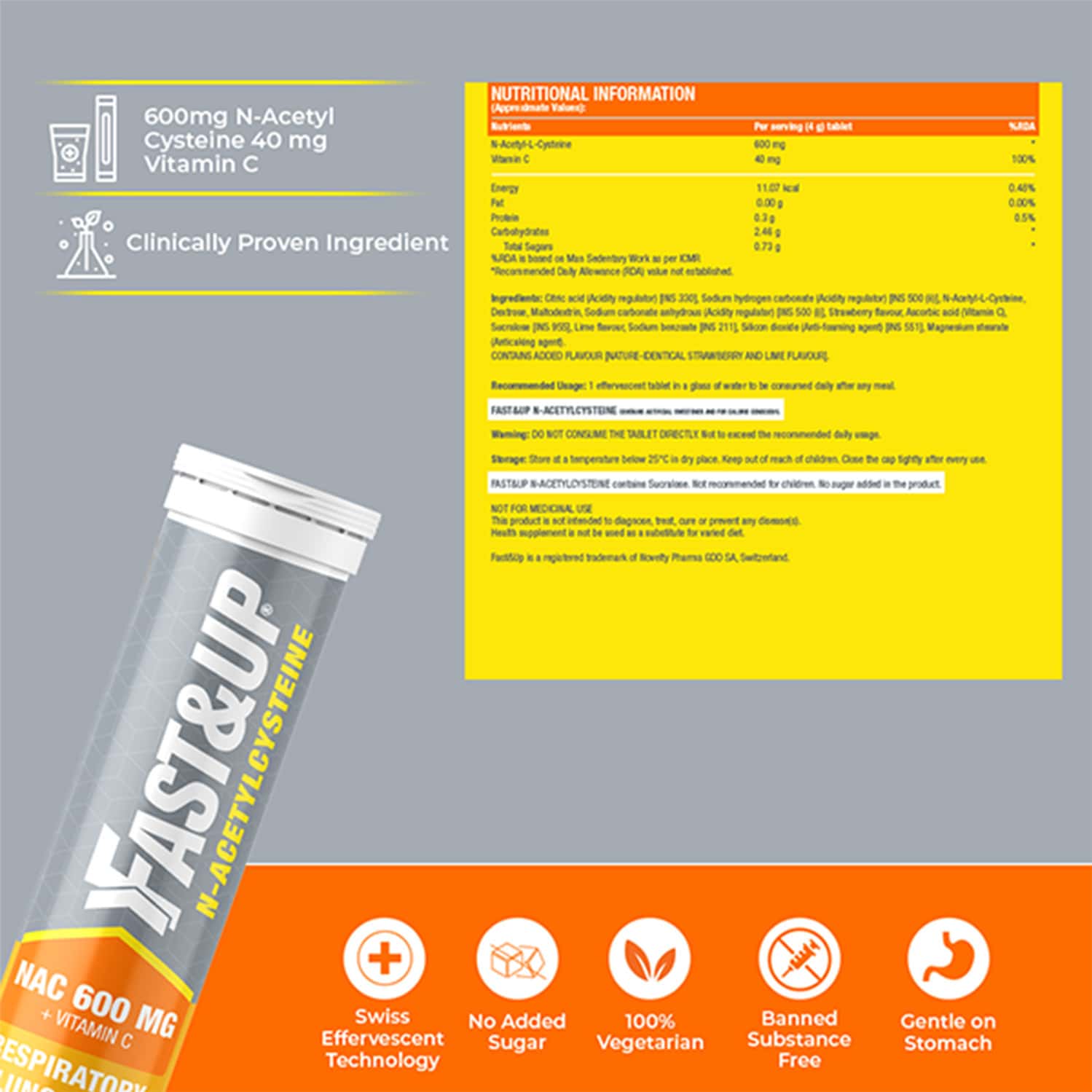 Buy FAST&UP NAC (N-ACETYLCYSTEINE) + VITAMIN C - (PACK OF 60 EFFERVESCENT TABLETS) Online & Get ...