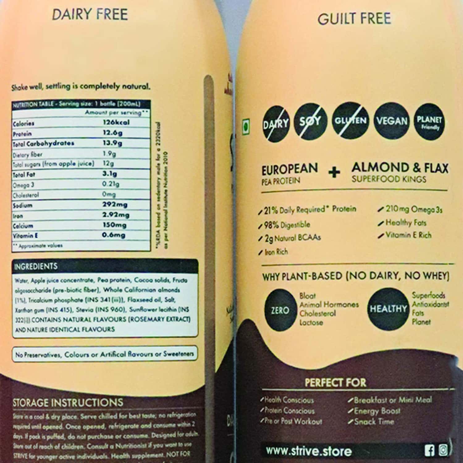 Buy STRIVE VEGAN 12.6G PROTEIN SHAKE, CHOCOLATE ALMOND FLAVOUR-200ML ...