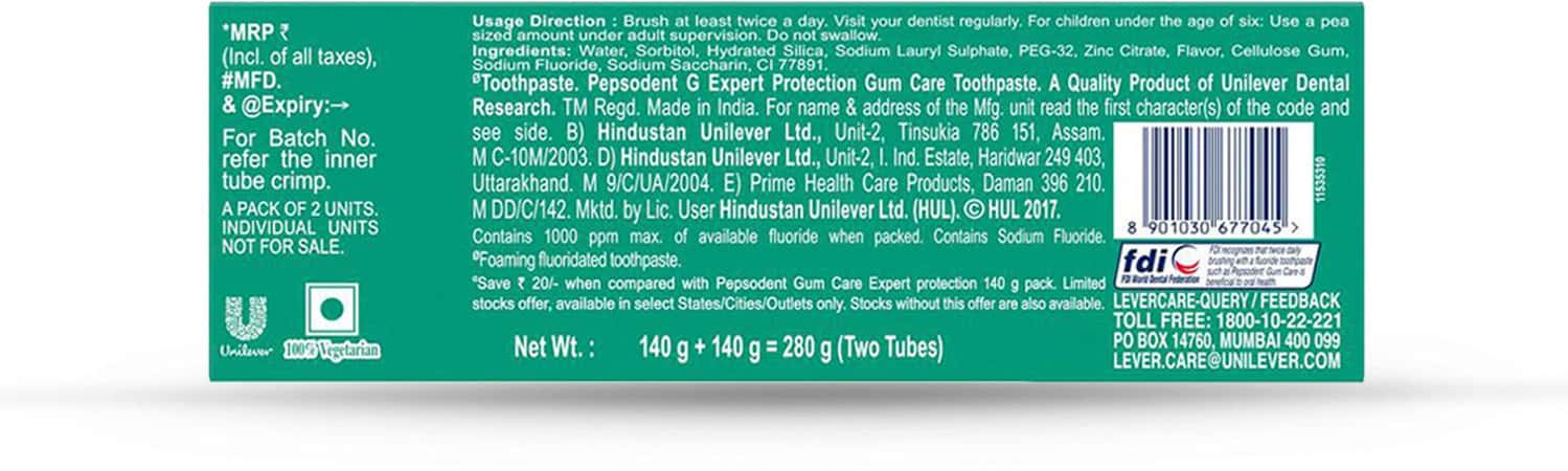 Buy PEPSODENT EXPERT PROTECTION GUM CARE TOOTHPASTE - 280 GM (140+140 ...