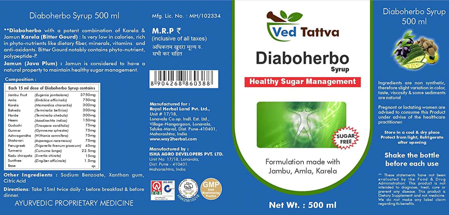 Buy VED TATTVA DIABOHERBO SYRUP 500ML | HEALTHY SUGAR MANAGEMENT ...