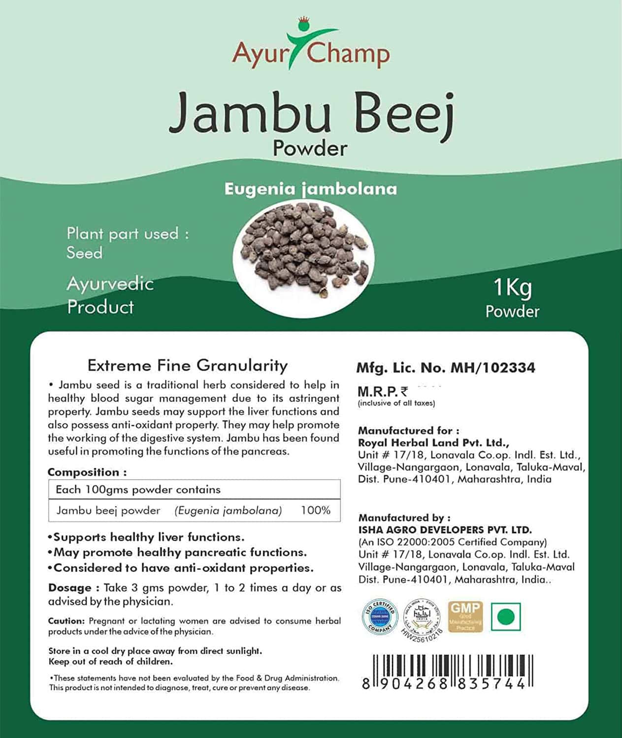 Buy AYUR CHAMP - PACK OF 4 -JAMBU BEEJ POWDER JAMUN SEED POWDER- 1 KG ...