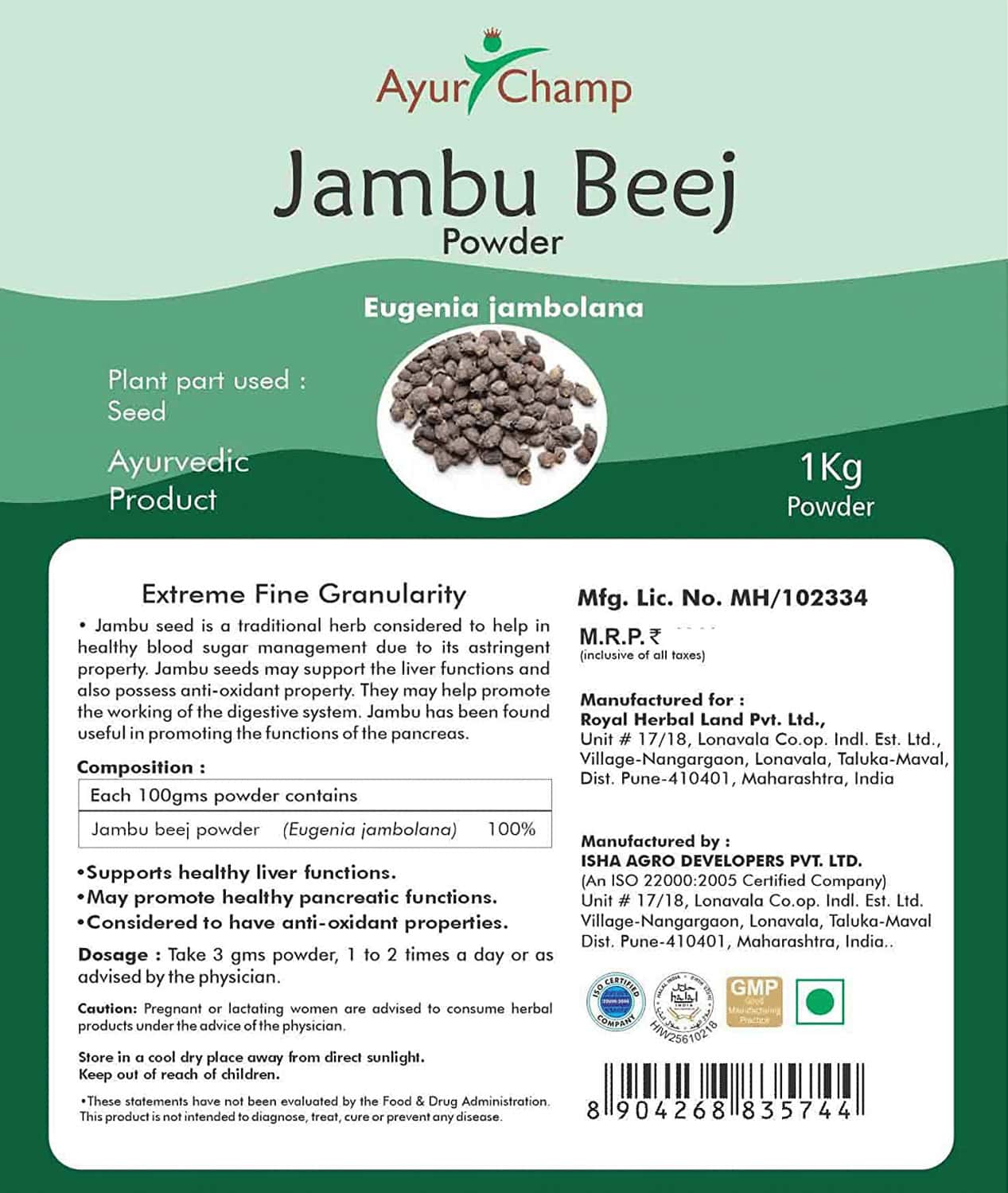 Buy AYUR CHAMP - PACK OF 5 - JAMBU BEEJ POWDER JAMUN SEED POWDER- 1 KG ...