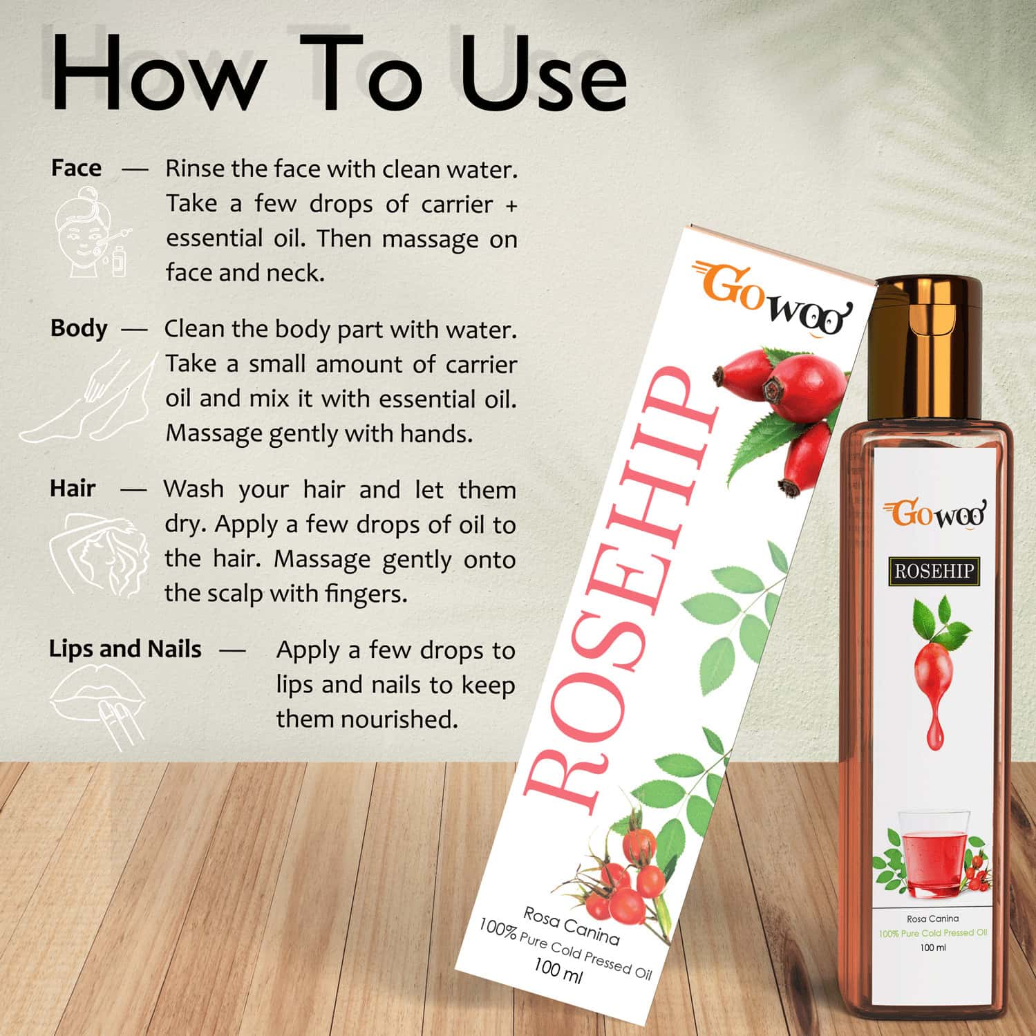 Buy GO WOO 100% PURE ROSEHIP SEED CARRIER OIL DRY SKIN 100 ML Online ...