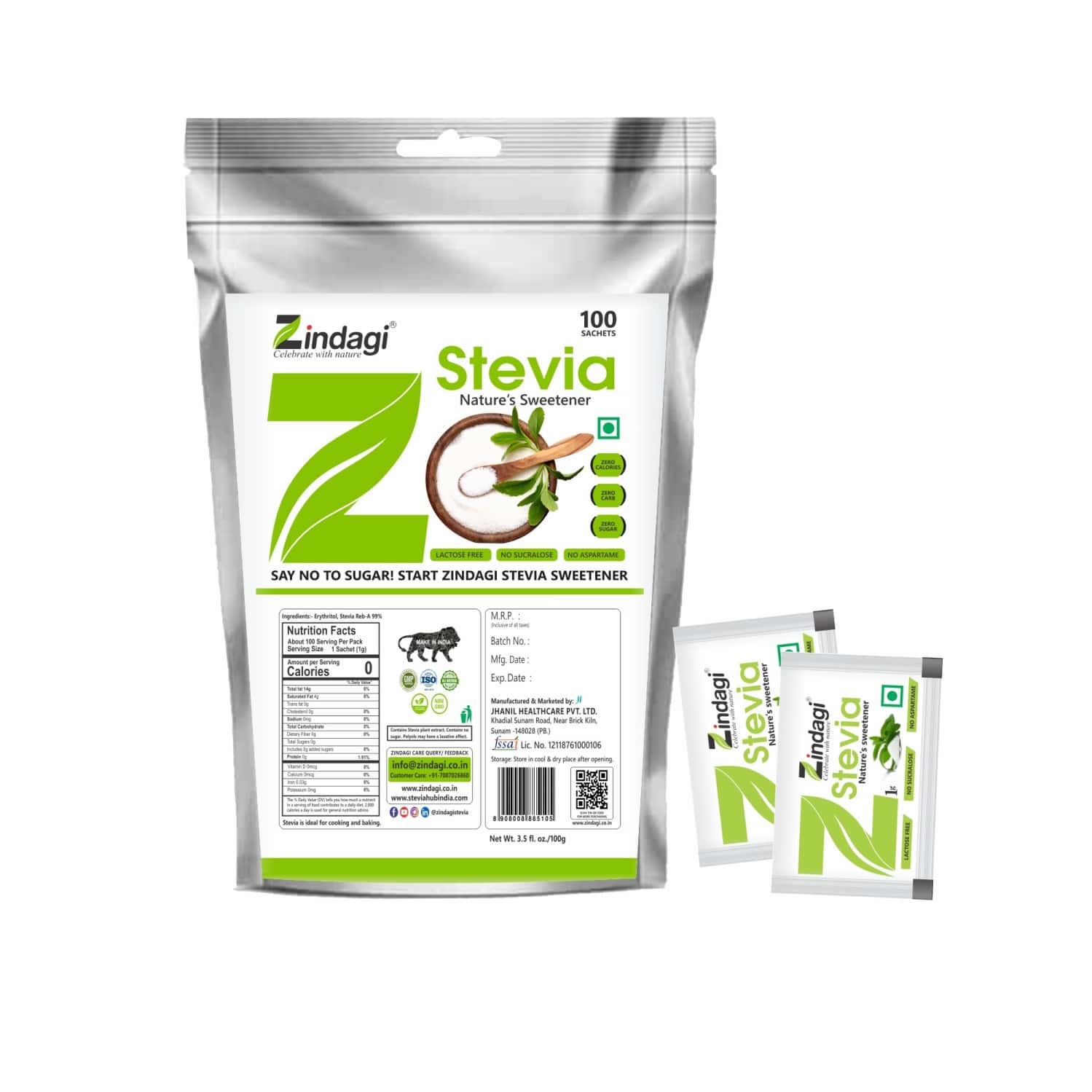 Buy ZINDAGI STEVIA WHITE POWDER 100 SACHETS -STEVIA SACHETS-SUGAR-FREE ...