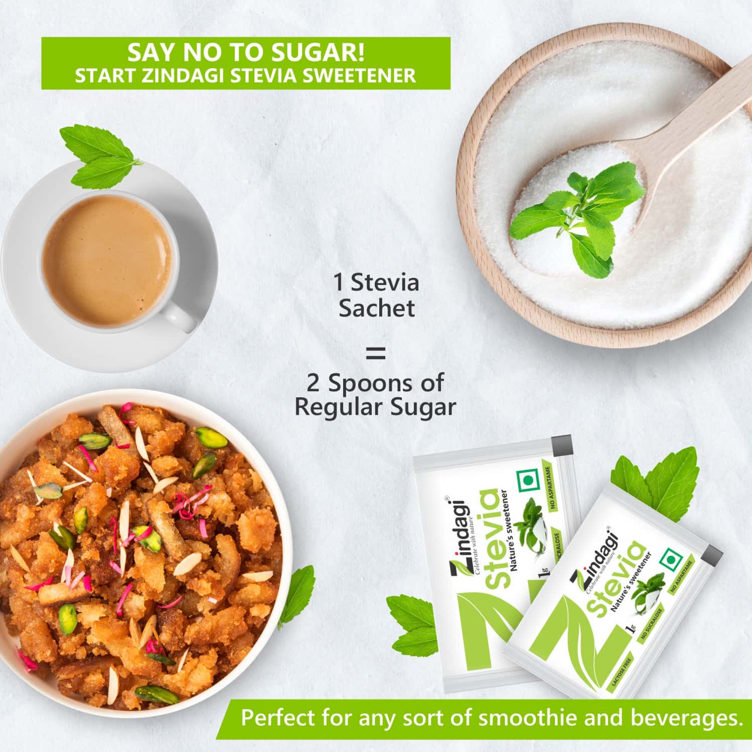 Buy ZINDAGI STEVIA WHITE POWDER 100 SACHETS -STEVIA SACHETS-SUGAR-FREE ...