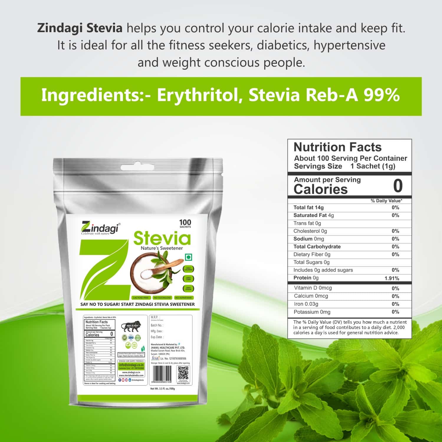 Buy ZINDAGI STEVIA WHITE POWDER 100 SACHETS -STEVIA SACHETS-SUGAR-FREE ...