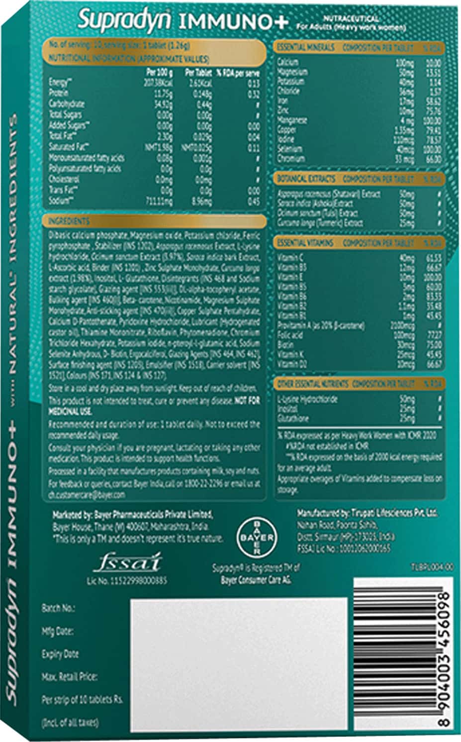 Buy SUPRADYN IMMUNO + MULTIVITAMIN IMMUNITY BOOSTER-ZINC TULSI TURMERIC ...