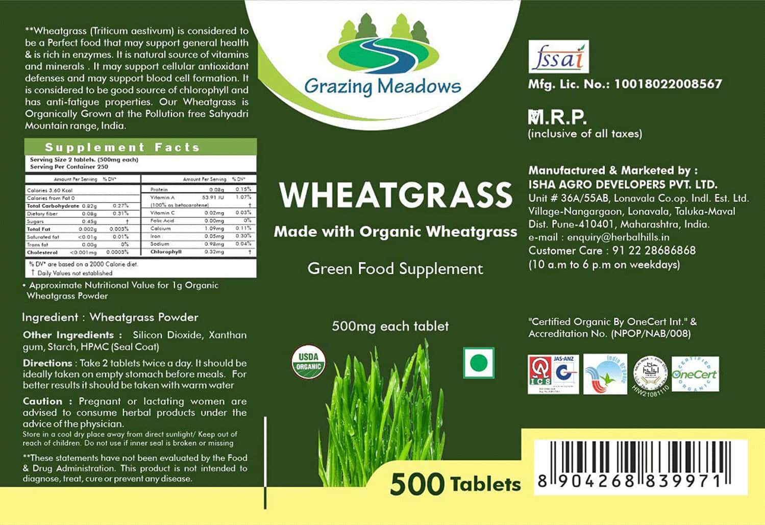 Buy GRAZING MEADOWS WHEATGRASS 500 MG - 500 TABLETS (PACK OF 5) Online ...