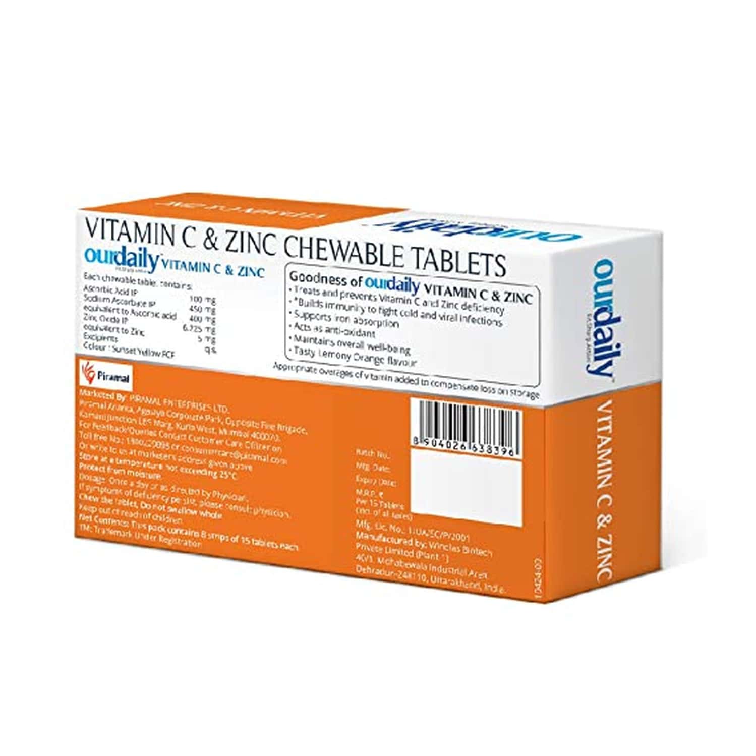 Buy OURDAILY VITAMIN C (500MG) & ZINC, CHEWABLE TABLETS, LEMONY ORANGE FLAVOUR - 240 TABLETS ...