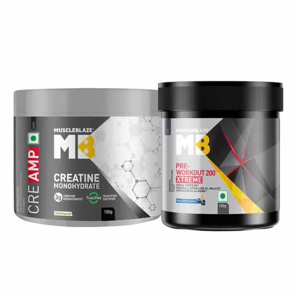 Buy MUSCLEBLAZE PRE WORKOUT 200 XTREME, BERRY BOLT, 100 G & CREATINE ...