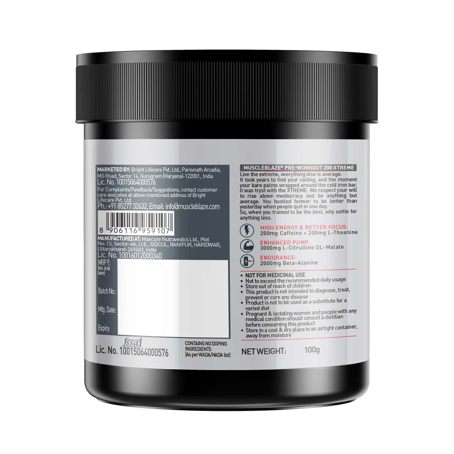 Buy MUSCLEBLAZE PRE WORKOUT 200 XTREME, BERRY BOLT, 100 G & CREATINE ...