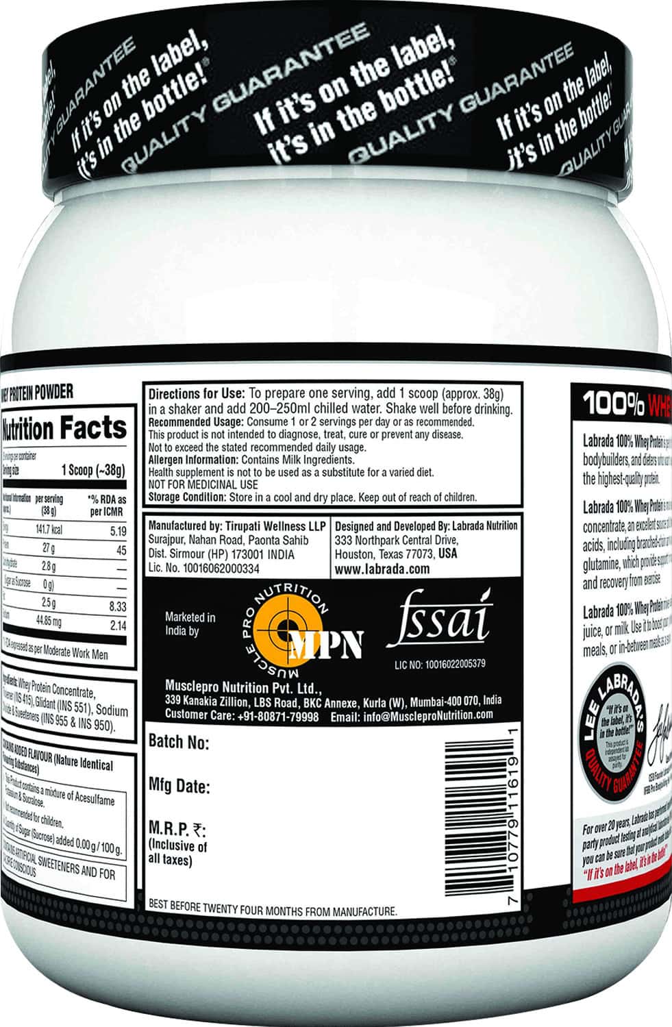 Buy LABRADA 100% WHEY PROTEIN - 2.2LBS (1KG) VANILLA Online & Get Upto ...