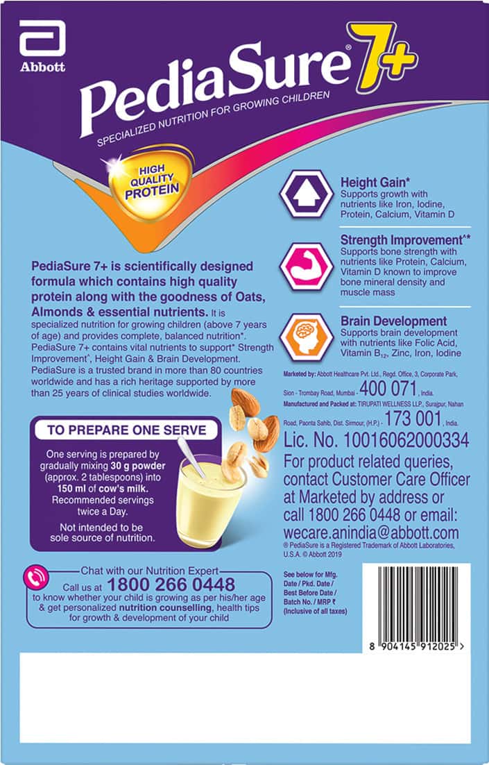 Buy PEDIASURE 7+ WITH OATS & ALMOND VANILLA FLAVOUR BOX 400GM Online ...