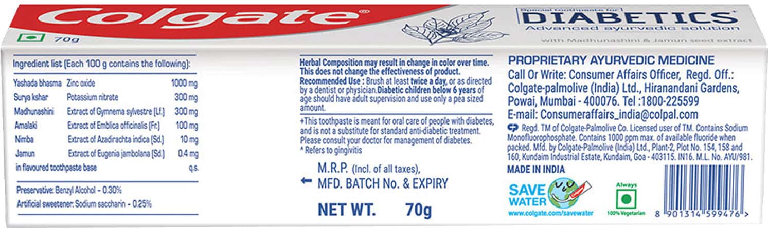 Buy COLGATE TOOTHPASTE FOR DIABETICS, 70G, ADVANCED AYURVEDIC SOLUTION ...