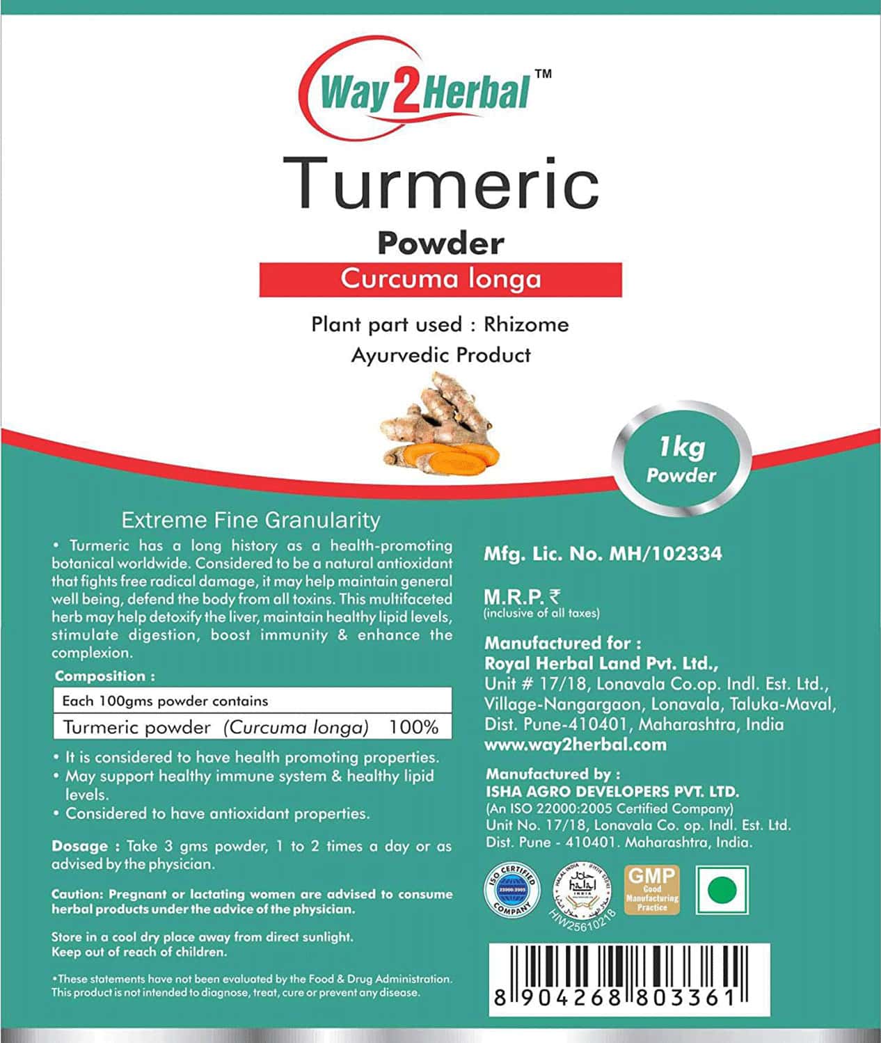 Buy WAY2HERBAL TURMERIC POWDER - 1 KG VALUE PACK OF 2 Online & Get Upto ...