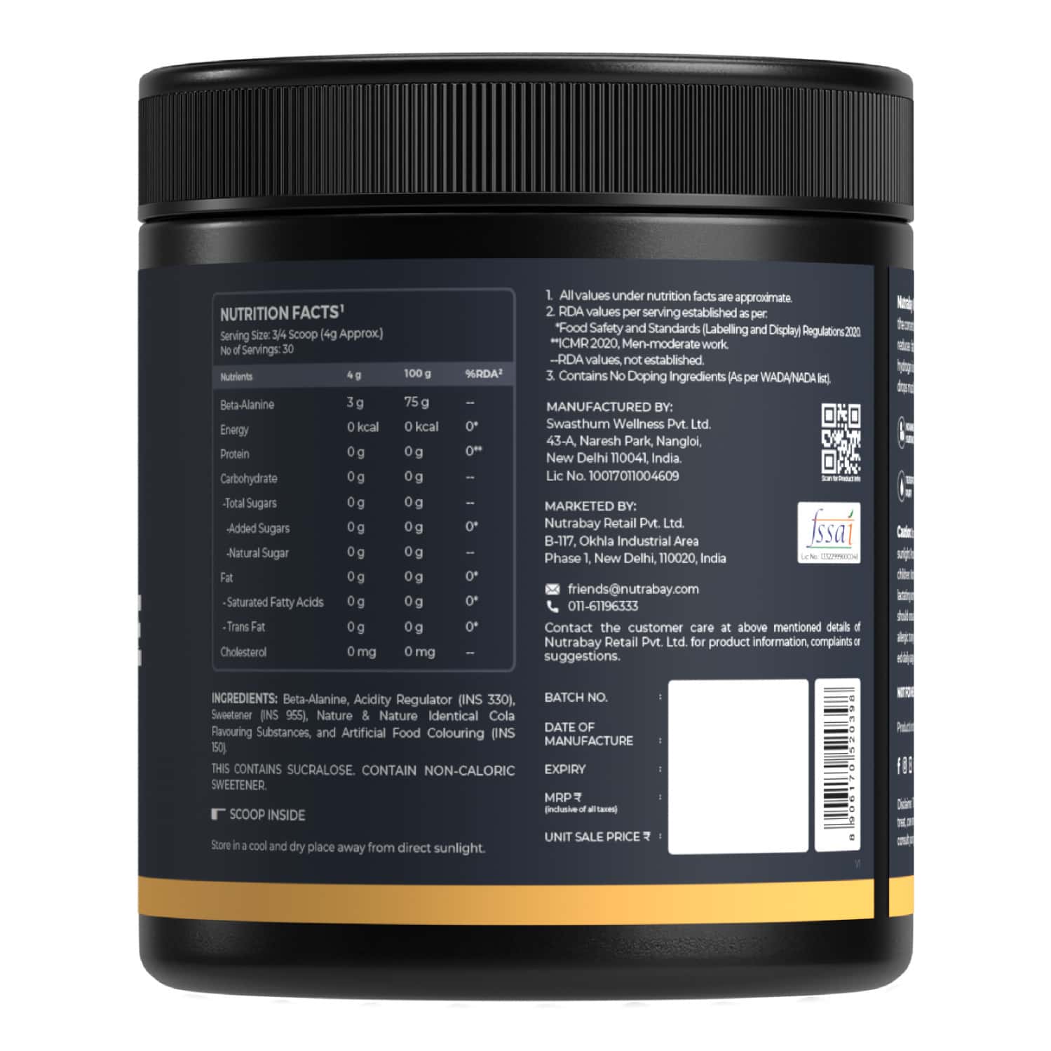 Buy NUTRABAY GOLD BETA ALANINE SUPPLEMENT POWDER - 120G, COLA FLAVOR ...