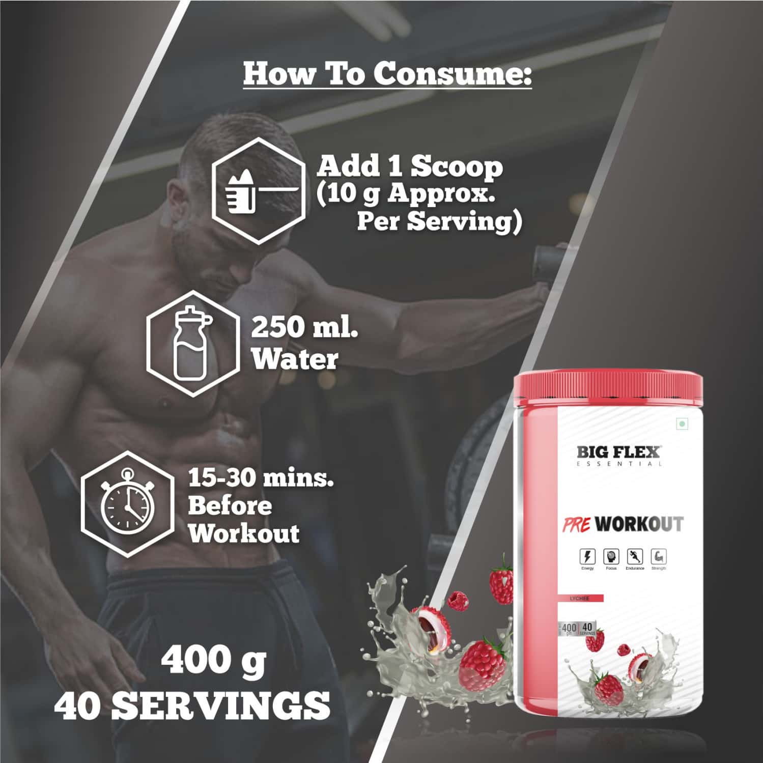 Buy BIGFLEX ESSENTIAL PRE - WORKOUT (LYCHEE) (400GM) - JAR Online & Get ...