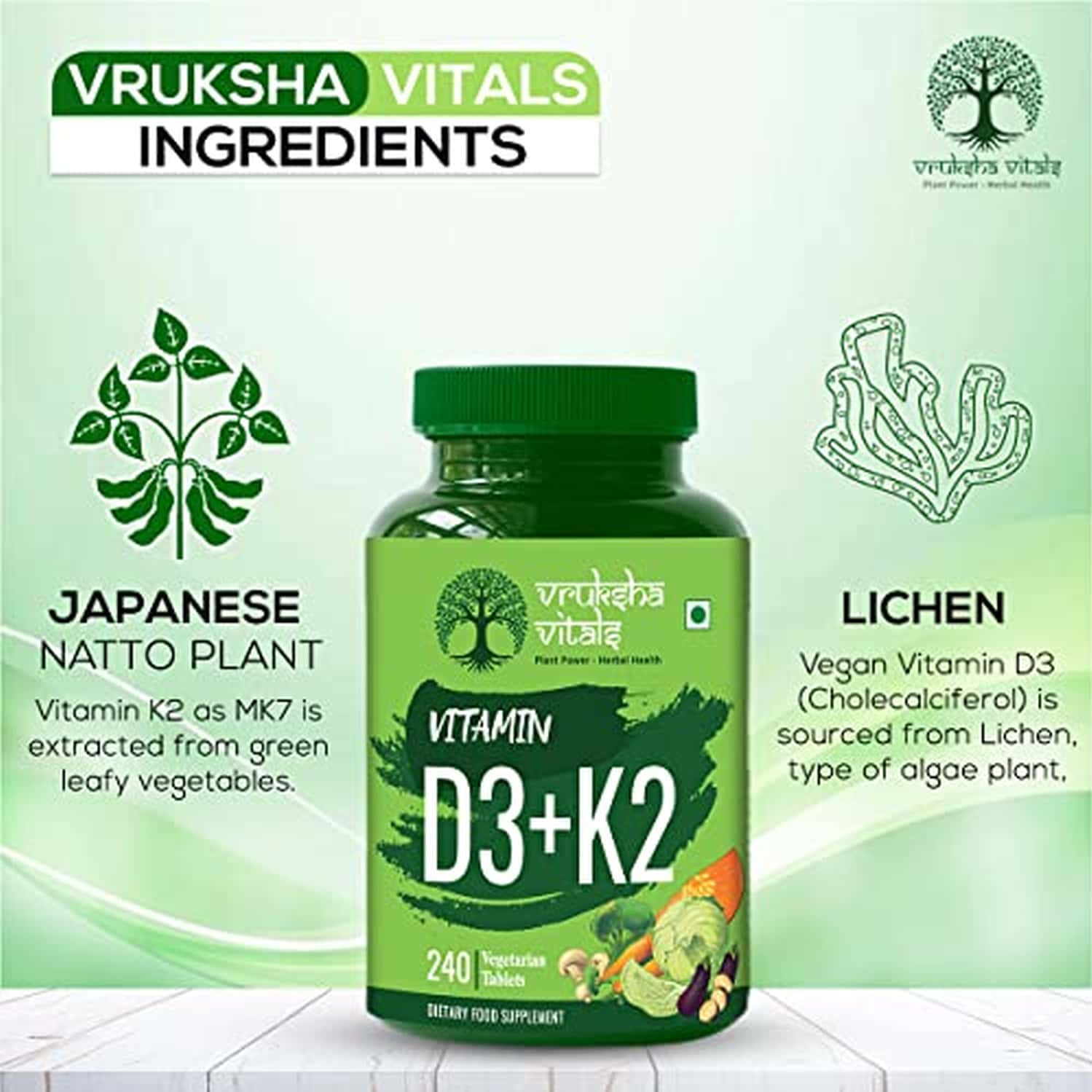 Buy VRUKSHA VITALS VIT D3 & K2 100% RDA 200 TABLETS- PLANT BASED ...