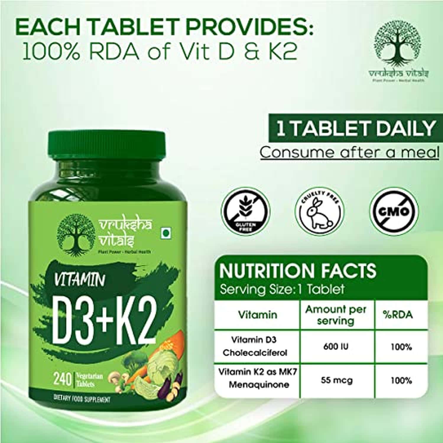 Buy VRUKSHA VITALS VIT D3 & K2 100% RDA 200 TABLETS- PLANT BASED ...