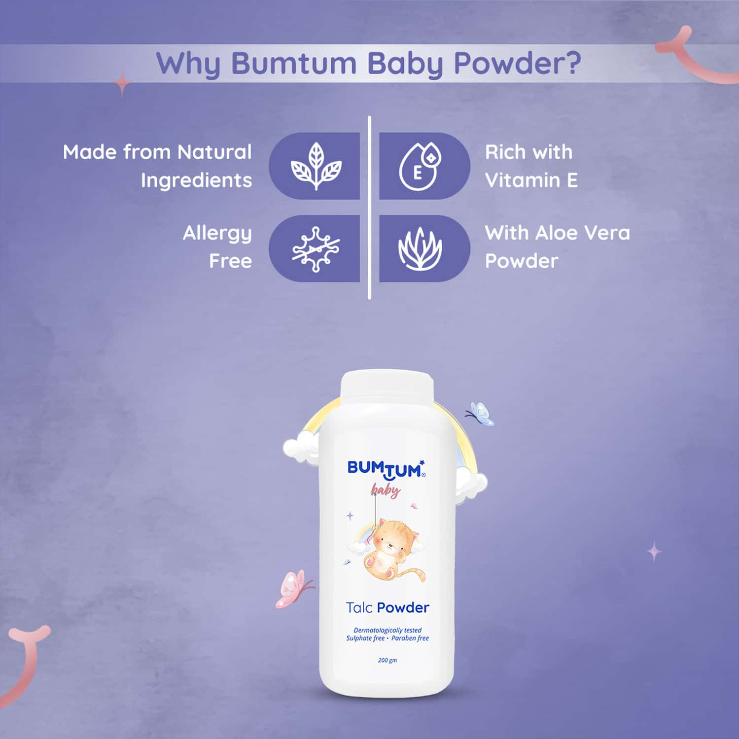 Buy BUMTUM BABY TALCUM POWDER WITH ALOE VERA, PARABEN & SULFATE FREE ...