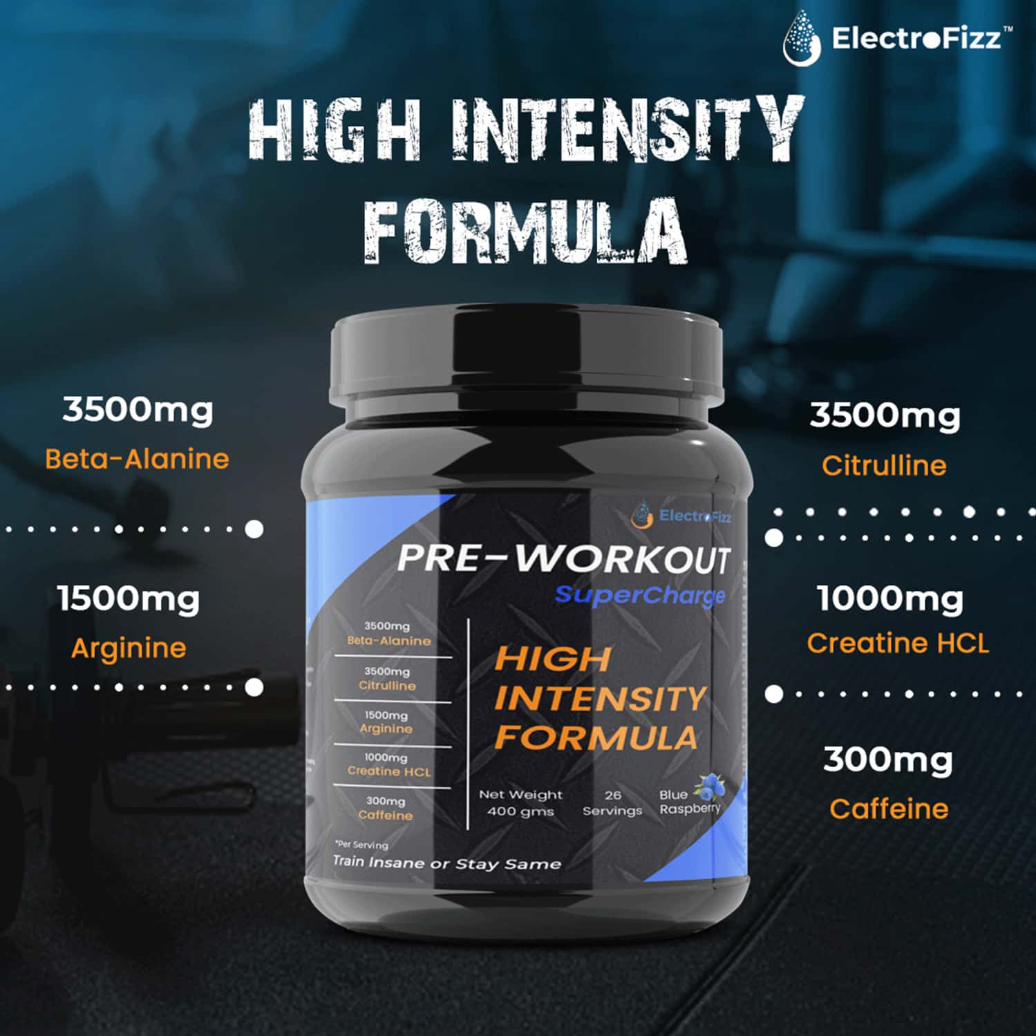 Buy ELECTROFIZZ PRE-WORKOUT SUPERCHARGE FOR ENERGY POWER & LASER FOCUS - BLUE RASPBERRY FLAVOUR ...