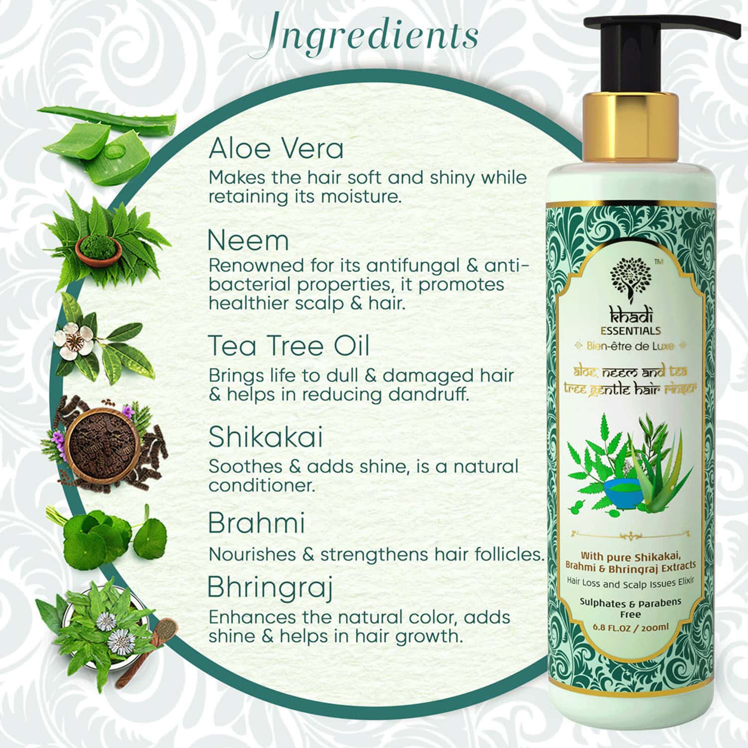 Buy KHADI ESSENTIALS ANTI DANDRUFF SHAMPOO WITH ALOEVERA NEEM TULSI & TEA TREE OIL- 200 ML ...