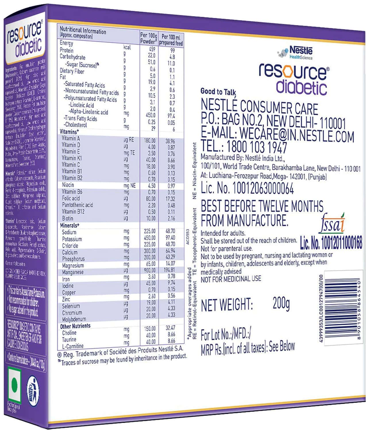 Buy NESTLE RESOURCE DIABETIC FOOD FOR DIETARY MANAGEMENT OF INDIVIDUALS ...