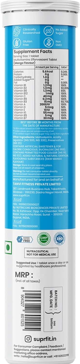 Buy SUPRFIT EFFERVESCENT TABLETS- MULTI-VITAMINS 20 TABLETS TUBE Online ...