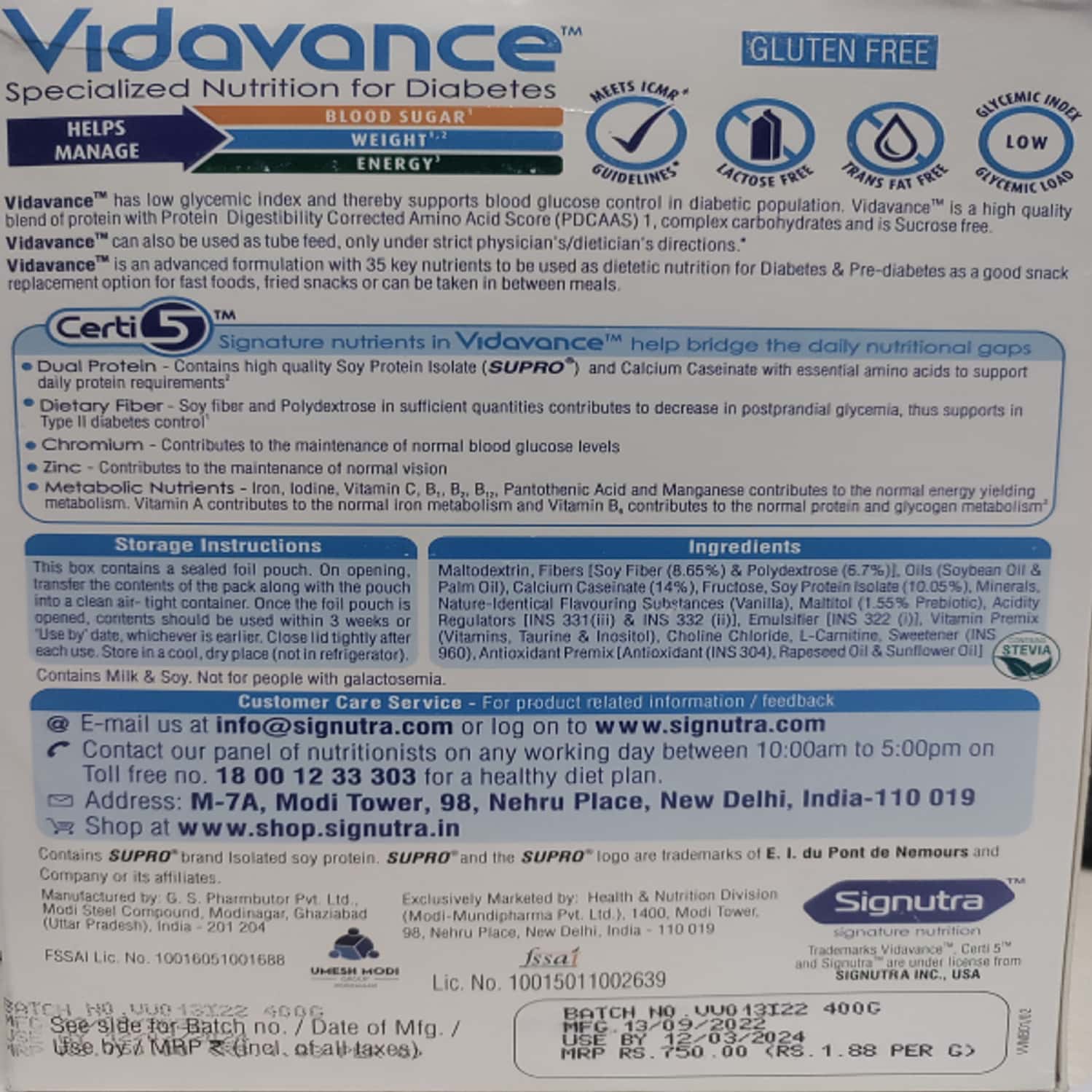 Buy VIDAVANCE NUTRITION FOR DIABETES VANILLA FLAVOUR POWDER - 400G ...
