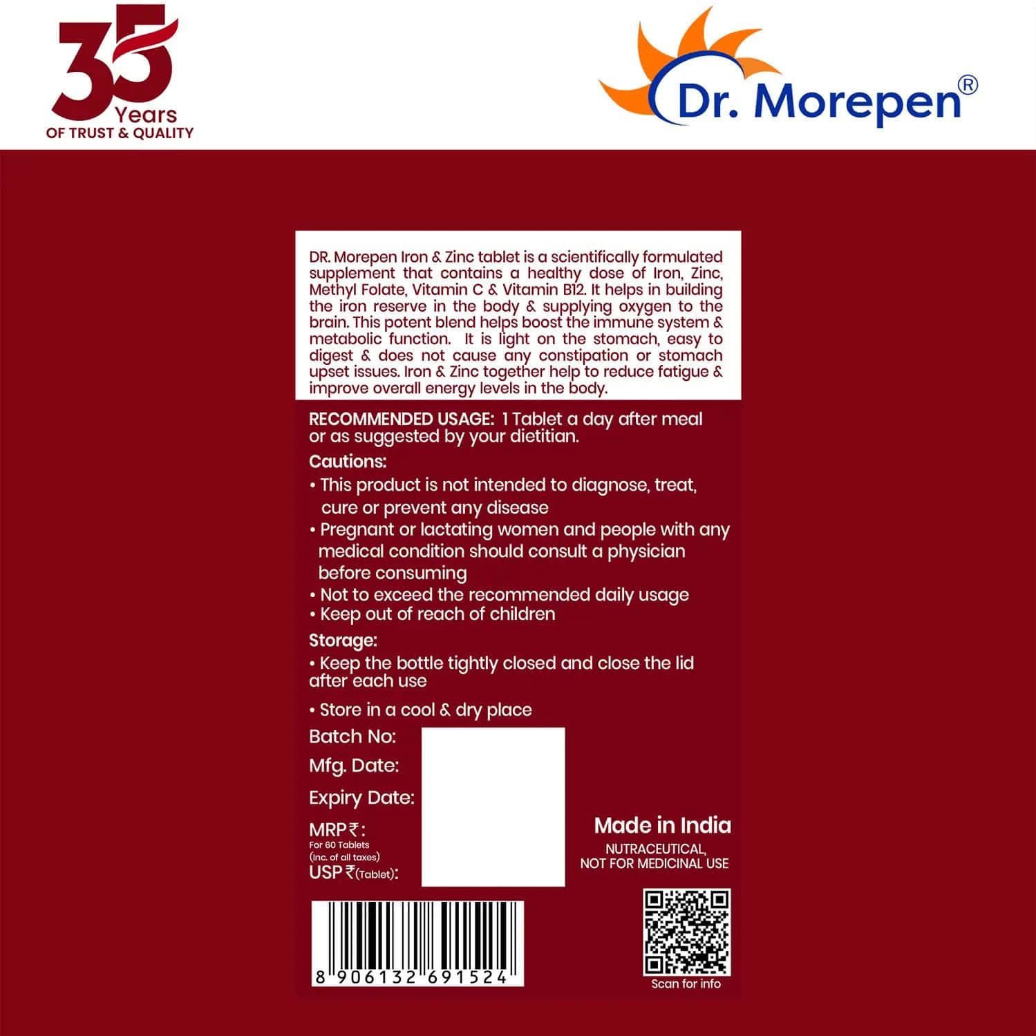 Buy DR. MOREPEN IRON & ZINC TABLETS | VITAMIN C & B12 FOR IMMUNITY ...