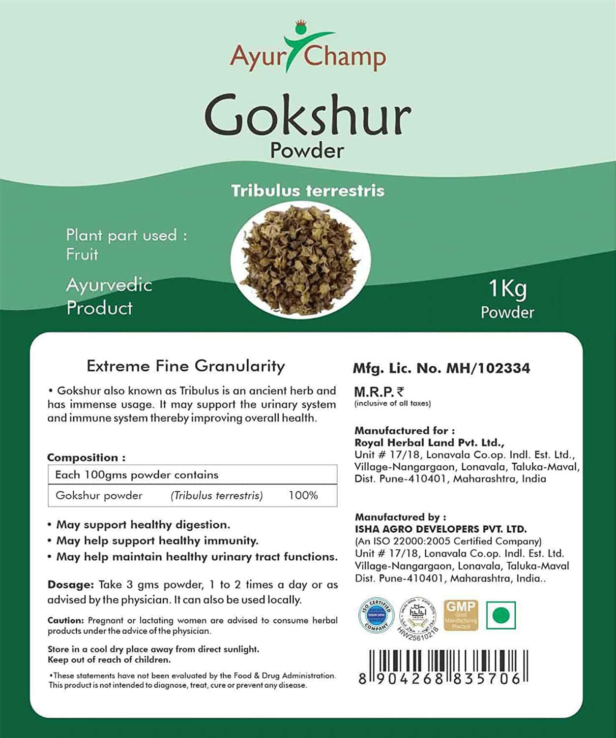 Buy AYUR CHAMP - PACK OF 4 -GOKSHUR POWDER (TRIBULUS TERRESTRIS) - 1 KG ...